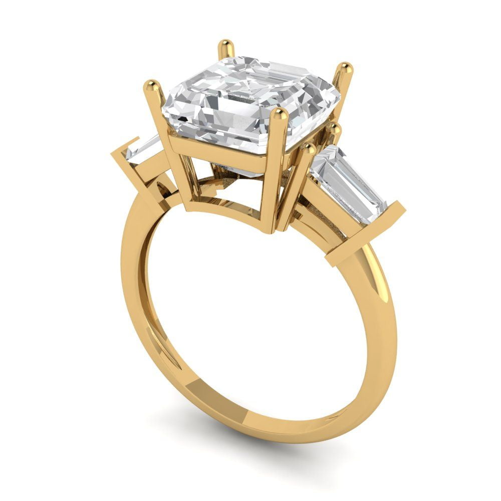 3 ct Brilliant Asscher Cut VVS1 Clear Zircon 18K Yellow Solid Gold Three-Stone Wedding Bridal ...