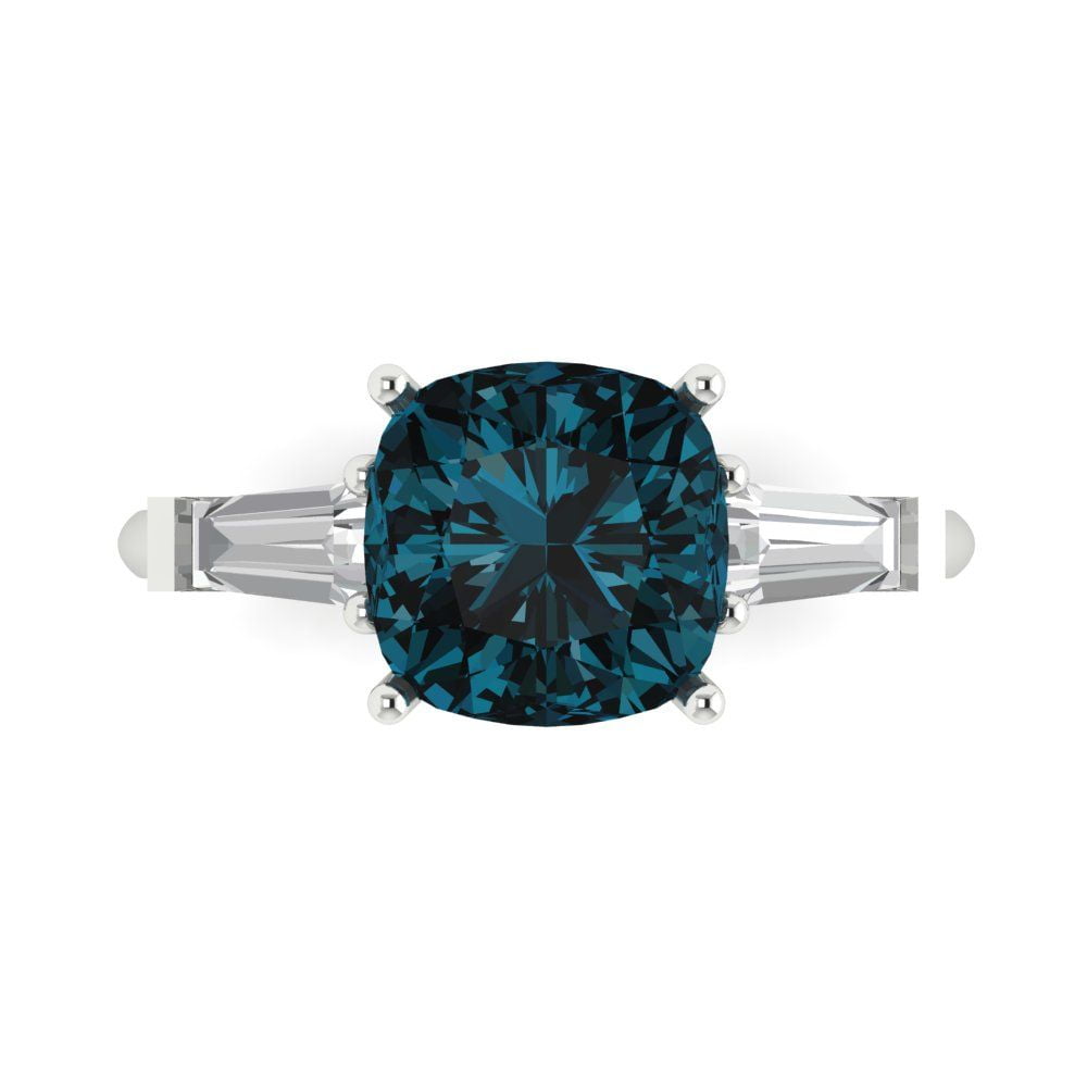 3 ct Cushion Cut Natural London Blue Topaz Three-Stone Engagement Ring ...