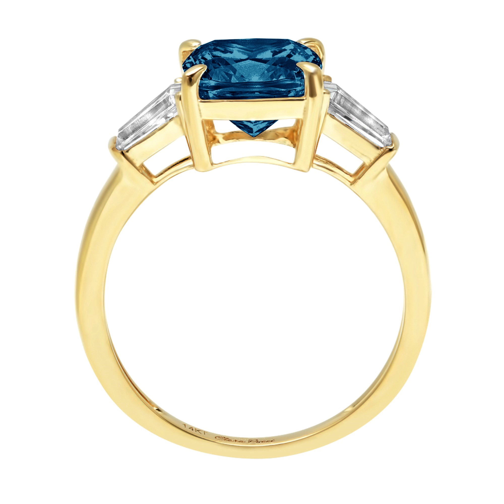 3 ct Cushion Cut Natural London Blue Topaz Three-Stone Engagement Ring for Women in 14K Yellow ...