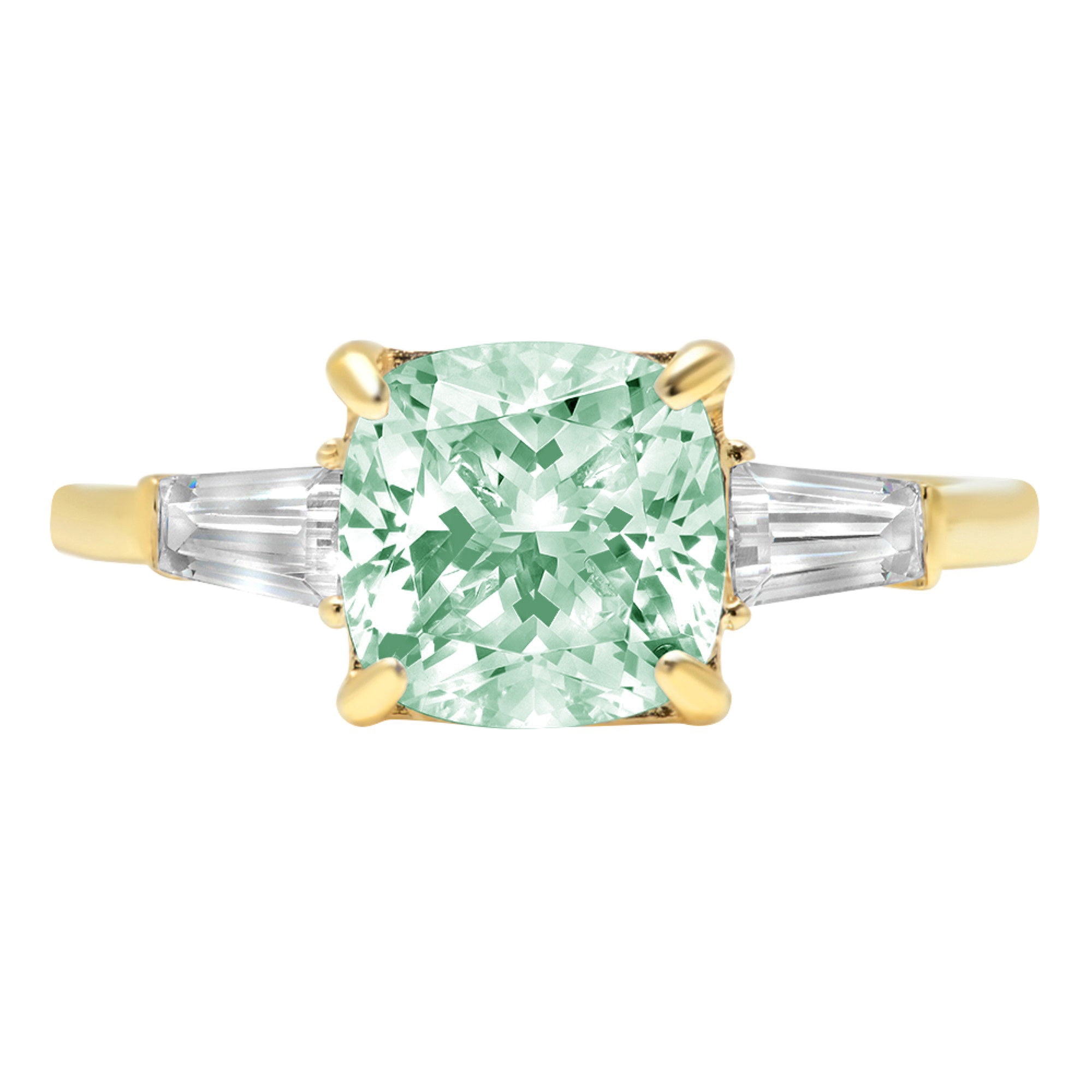 3 ct Cushion Cut Simulated Green Diamond 3 Stone 18K Yellow Gold Womens ...