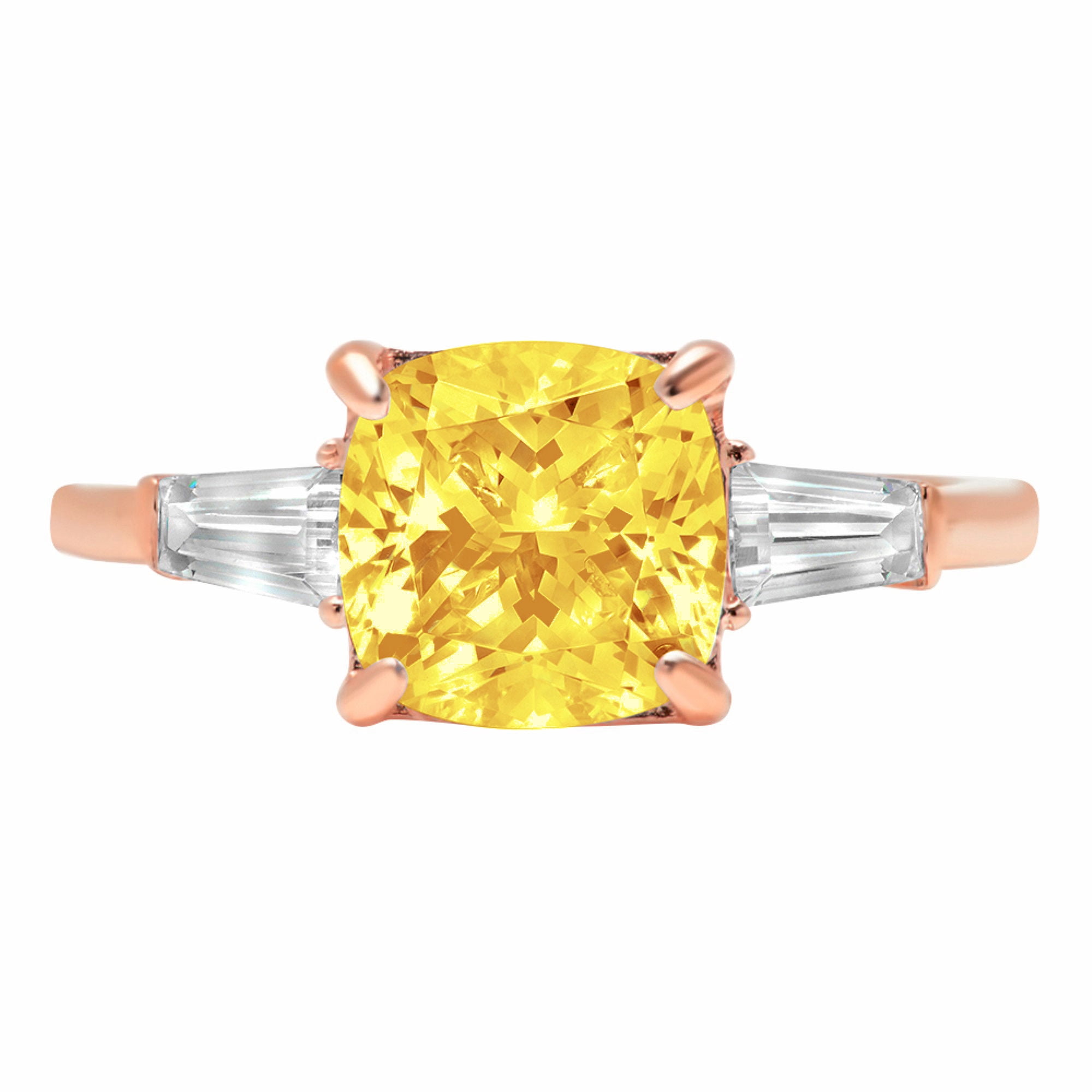 3 ct Cushion Cut Simulated Yellow Diamond 3 Stone 18K Rose Gold Womens ...