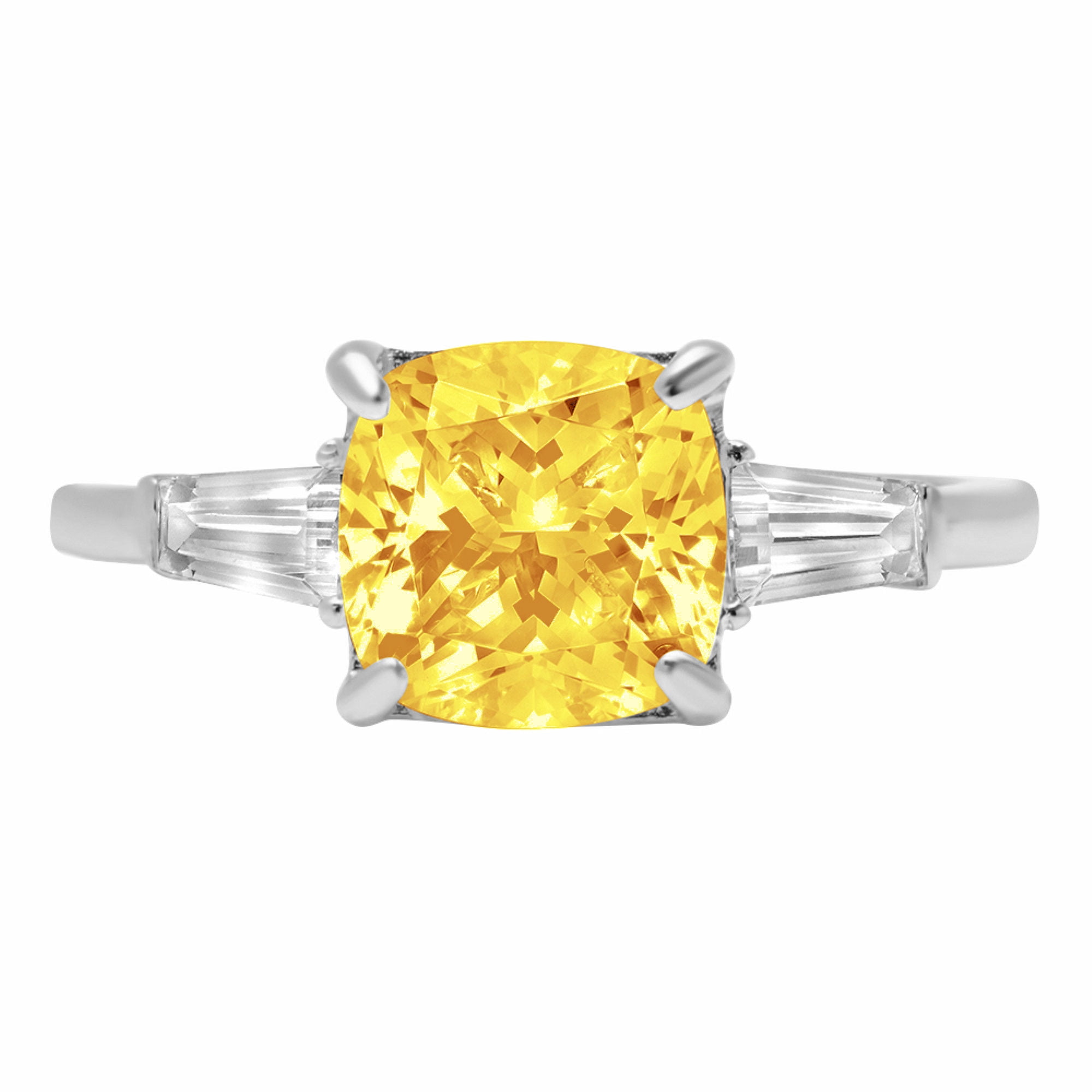 3 ct Cushion Cut Simulated Yellow Diamond 3 Stone 18K White Gold Womens ...