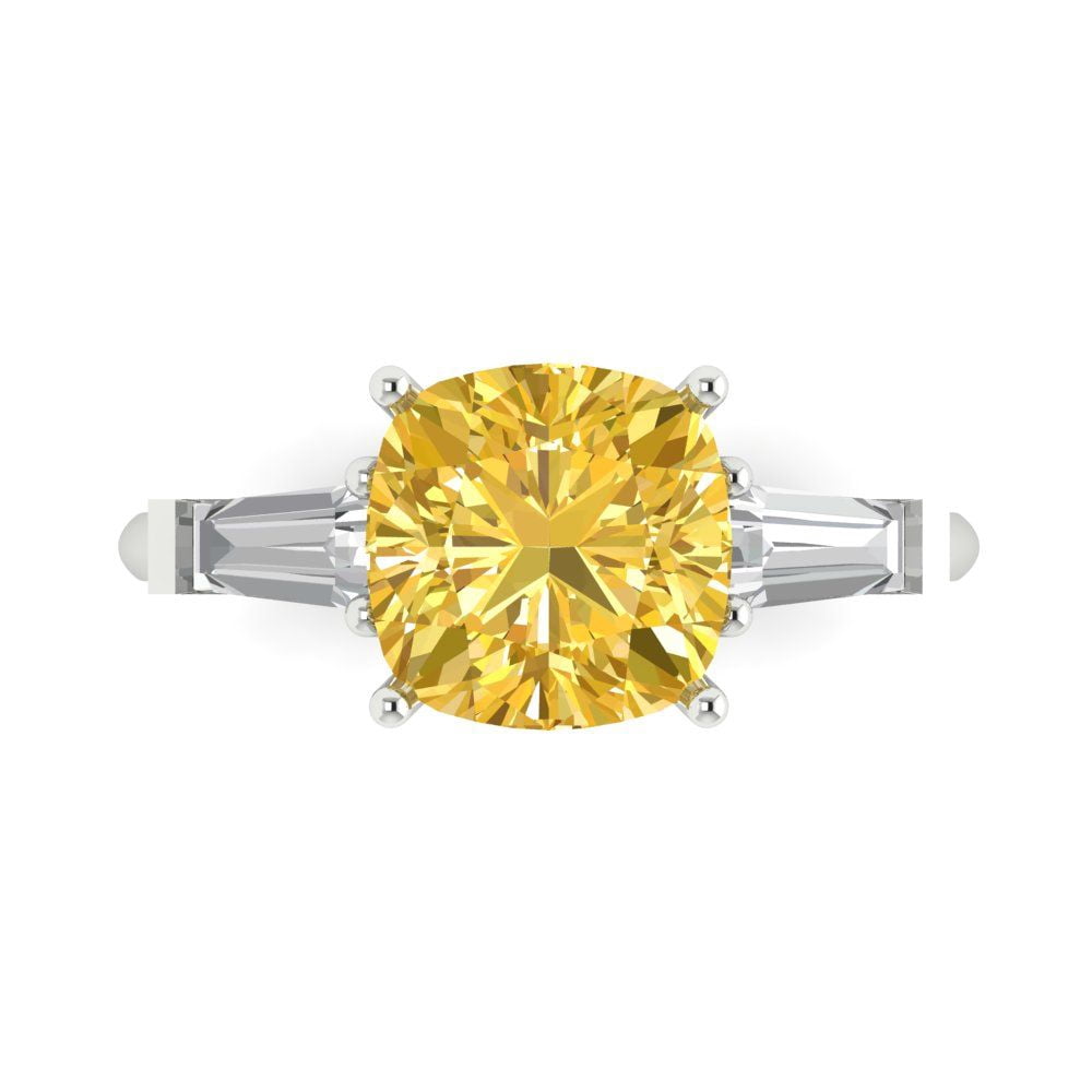 3 ct Cushion Cut Simulated Yellow Diamond 3 Stone 18K White Gold Womens ...
