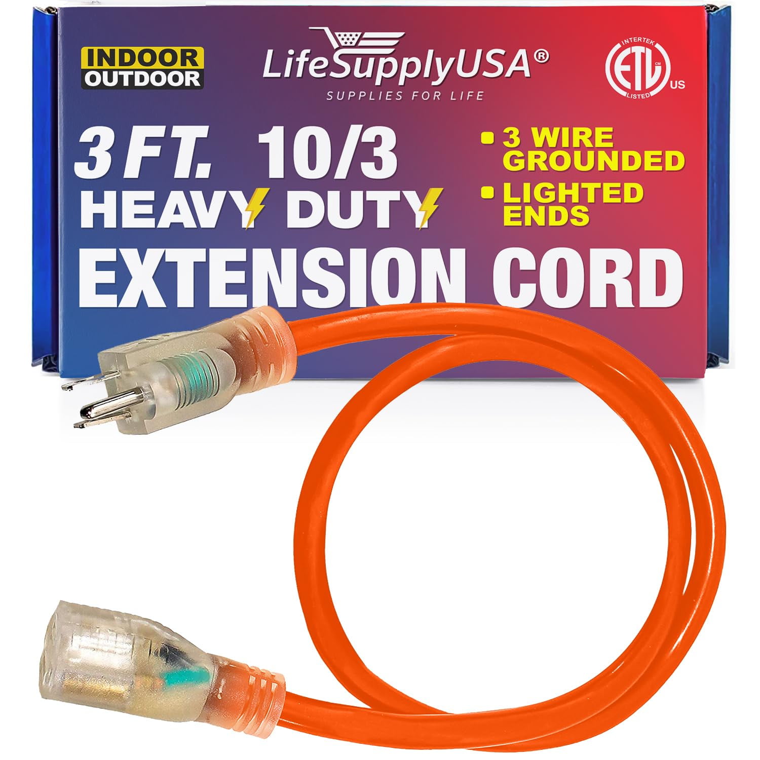 3 ft Power Extension Cord Outdoor & Indoor Heavy Duty 10 gauge/3 prong ...