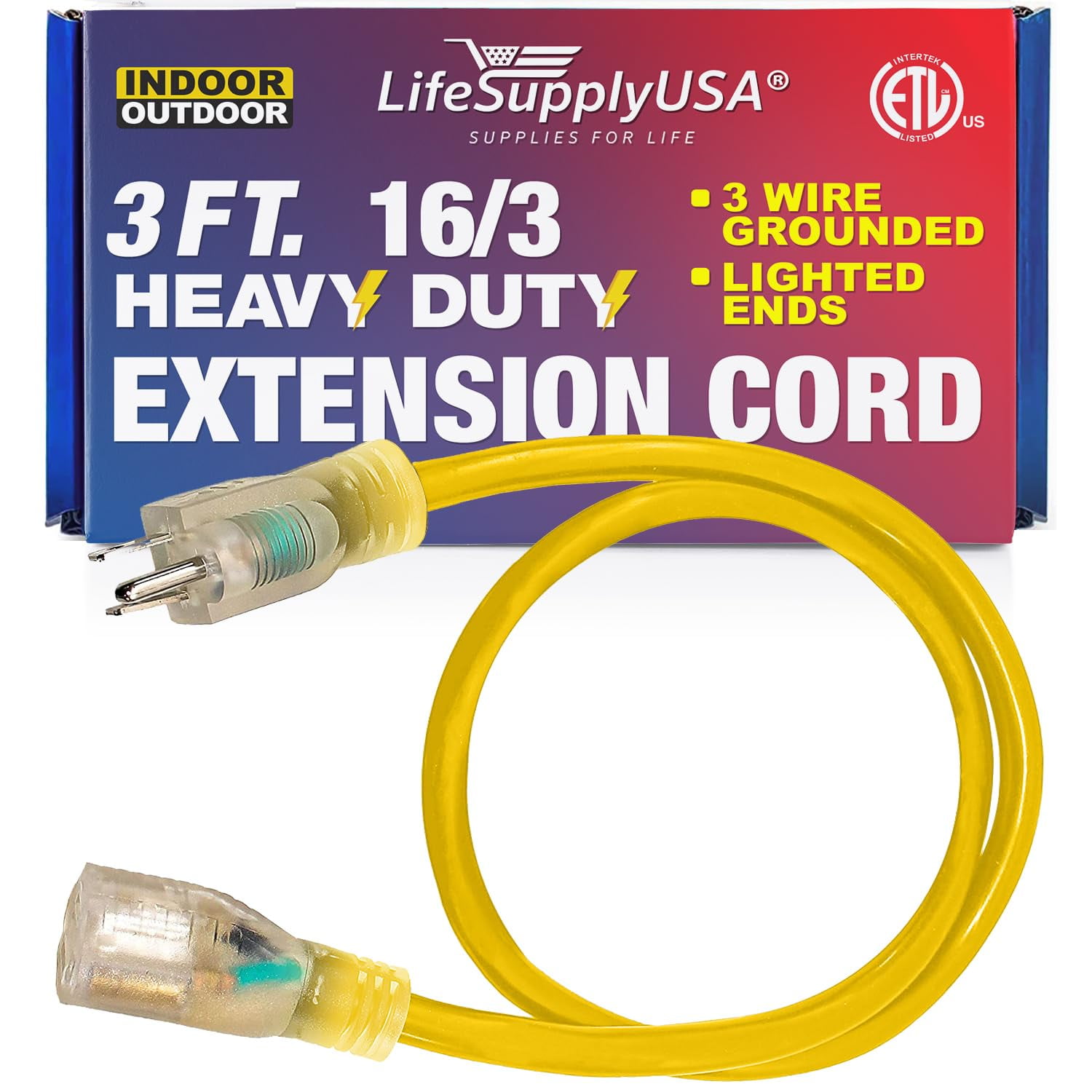 3 ft Power Extension Cord Outdoor & Indoor Heavy Duty 16 gauge/3 prong ...