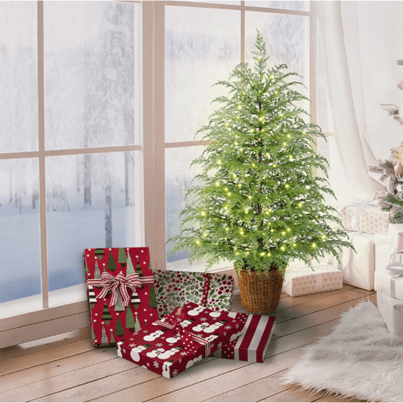 3 ft Pre-Lit Green Cypress Artificial Christmas Potted Tree with 100 ...