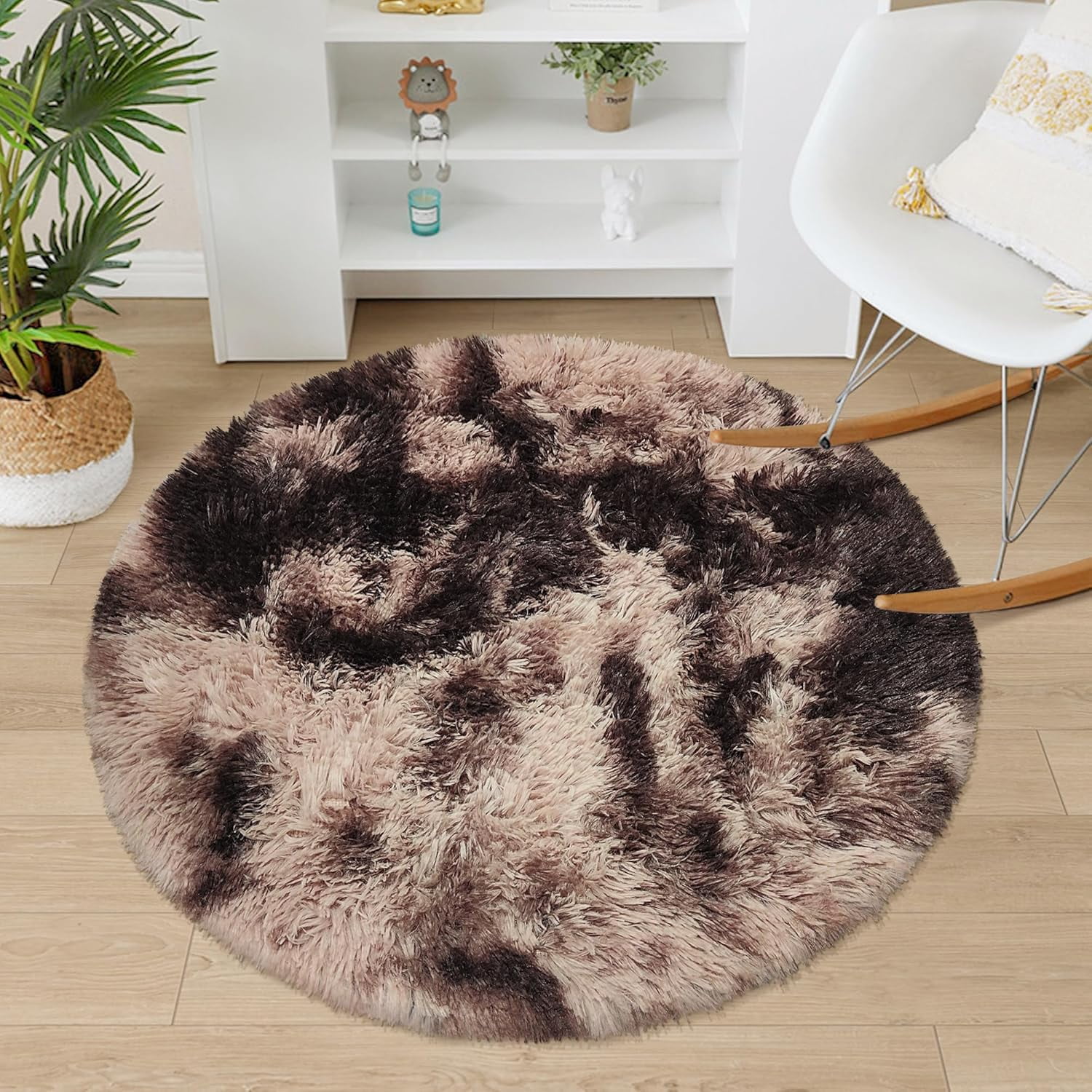 3 ft Small Brown Round Rug for Bedroom,Tie Dyed Soft Shaggy Circle Rug ...