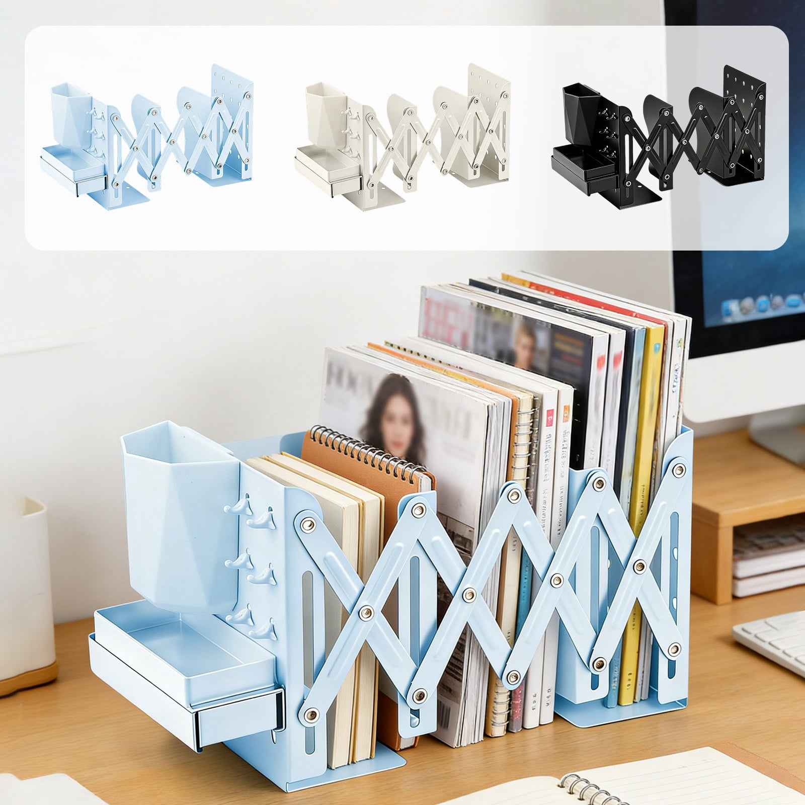 3-in-1 Adjustable Desktop Organizer Combined with Book Stand Pen Holder ...
