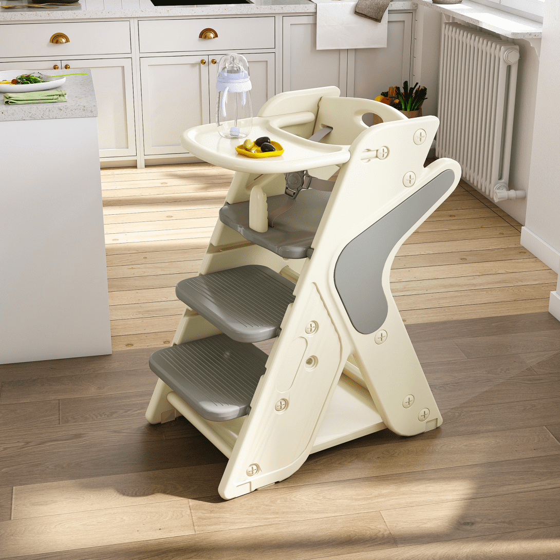 3-in-1 Adjustable Height Toddler Tower & High Chair with 5-Point Safety ...