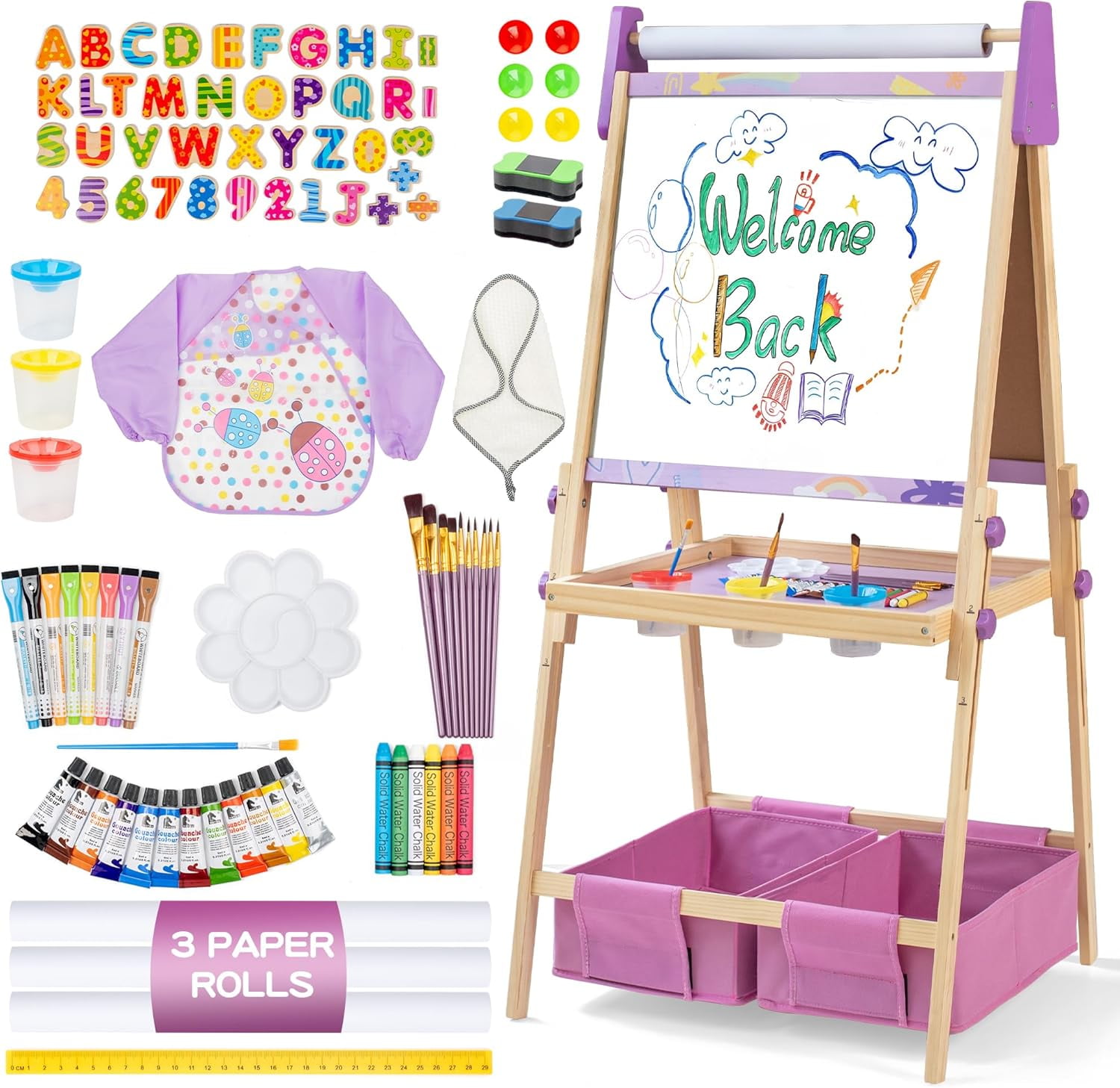 3-in-1 Adjustable Kids Art Easel Set, Height Adjustable Magnetic Whiteboard & Chalkboard with ...