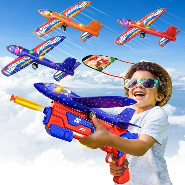 Kids Foam Plane Toy Set, 3 in 1 LED Airplane Glider Launcher, 2 Flight ...