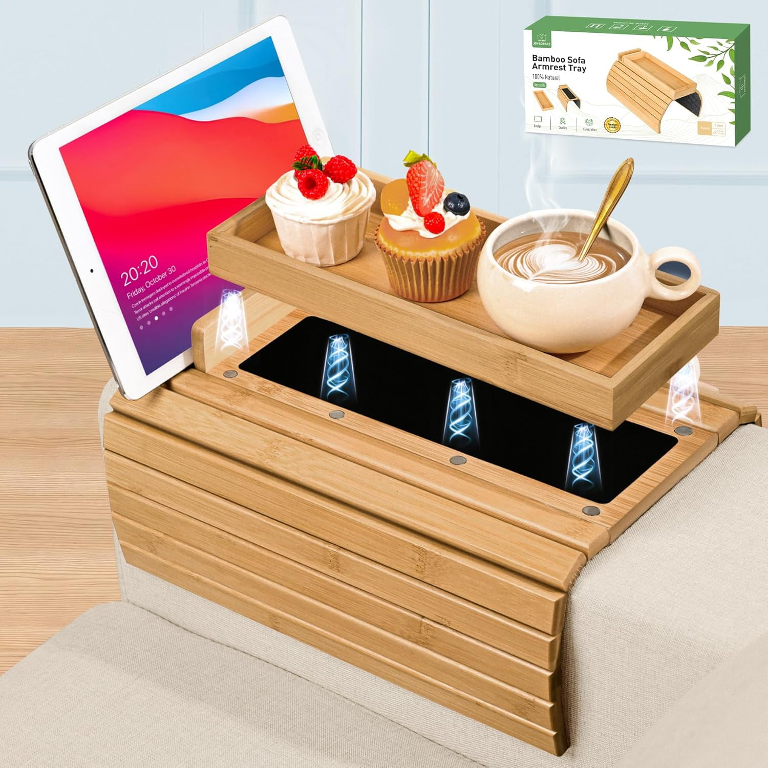 3-in-1 Bamboo Couch Arm Tray – Magnetic Detachable Table with Phone ...