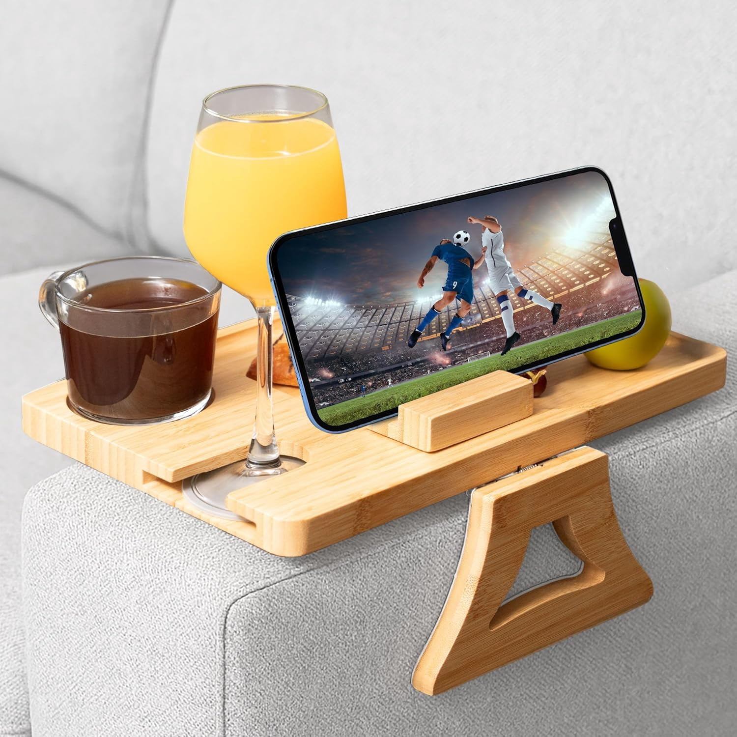 3-in-1 Bamboo Couch Tray with Silicone-Lined Wine Glass Holder, Cup ...