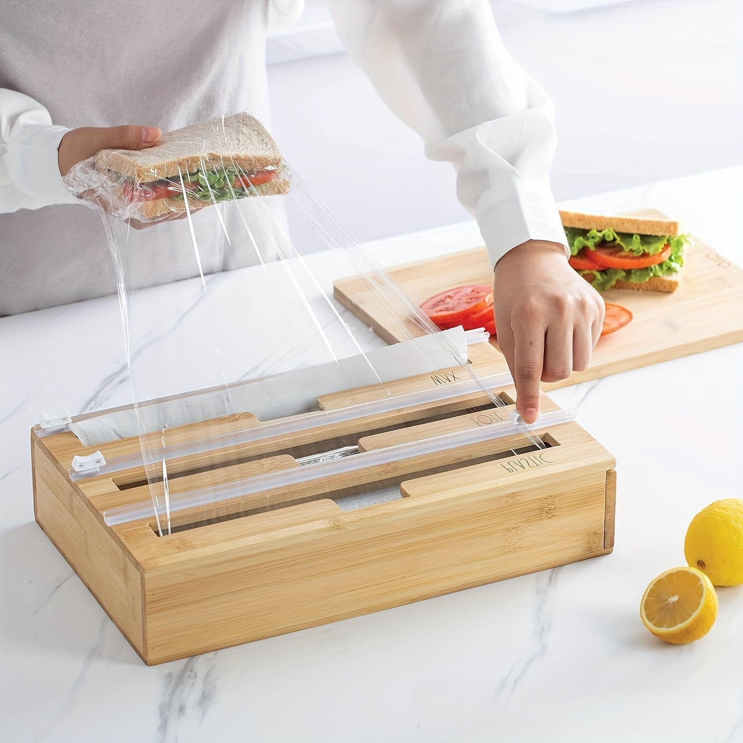 3-in-1 Bamboo Kitchen Wrap Dispenser with Cutter and Labels - Natural ...
