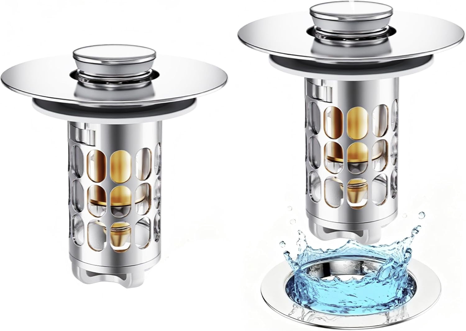 3-in-1 Bathroom Sink Stopper (2 Pack) Stainless Steel Pop-up Drain Plug ...