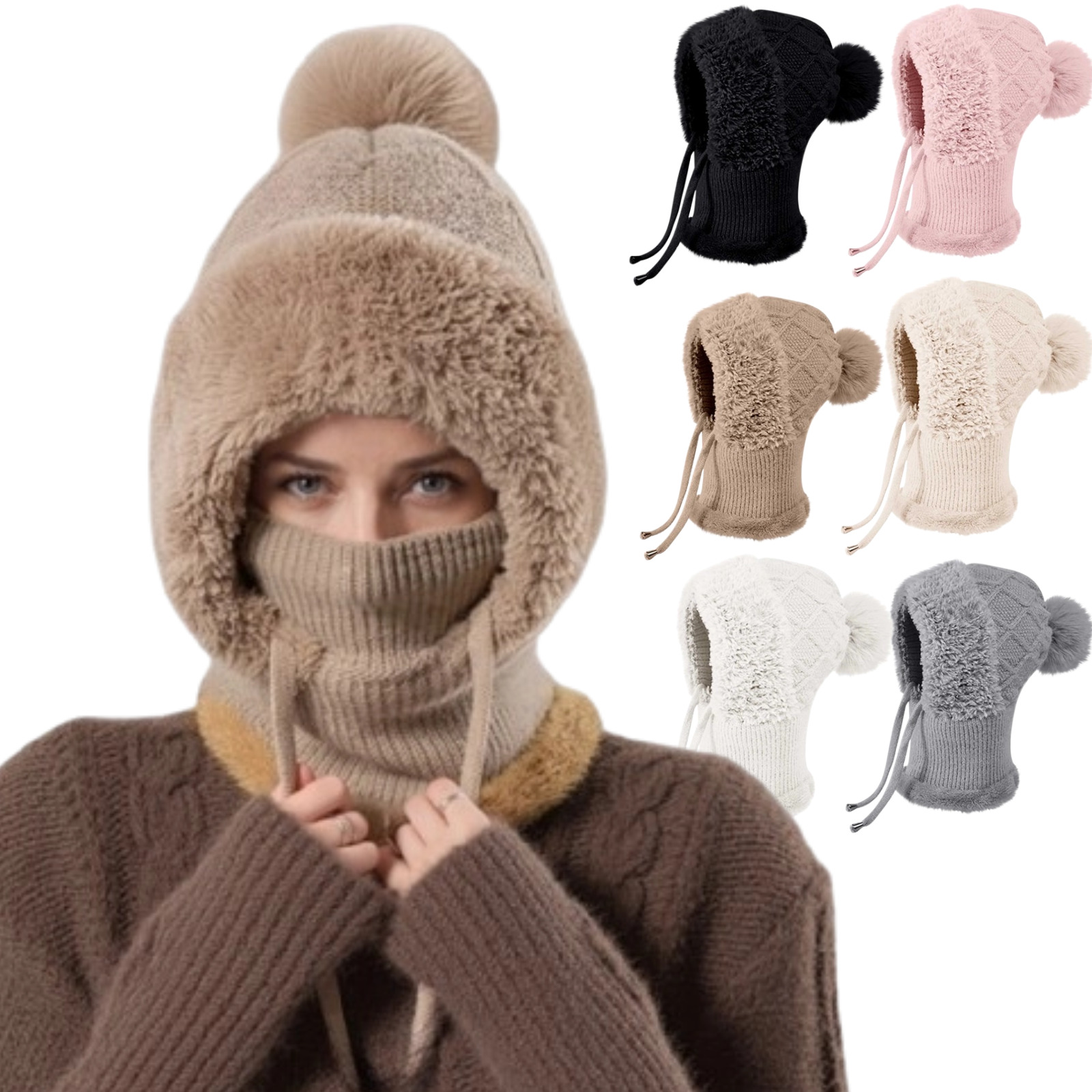 3 in 1 Beanie Hat for Women, Balaclava Winter Knitted Hooded Hat Scarf ...