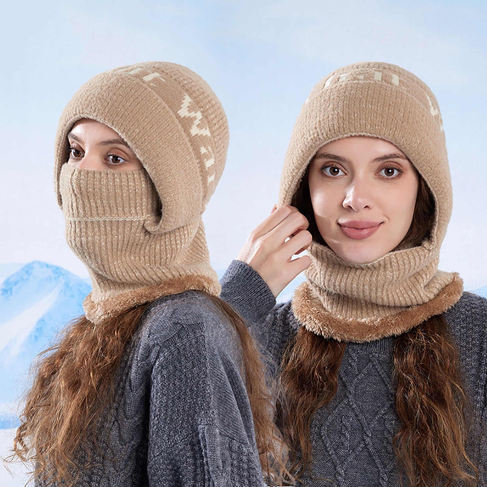 3 in 1 Beanie Hat for Women Warm Winter Windproof Hooded Scarf Beanie ...