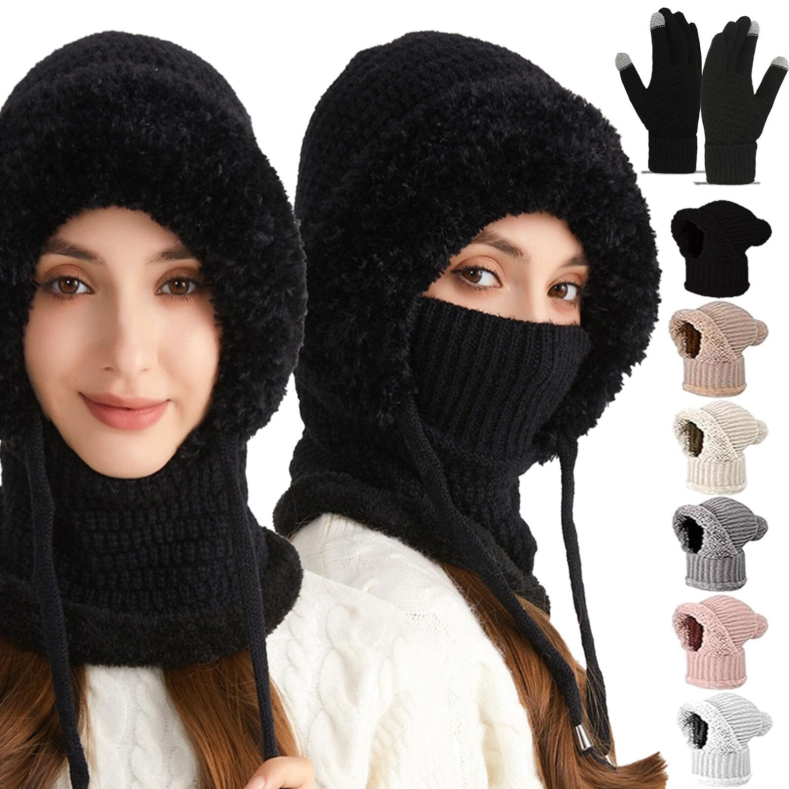 3 in 1 Beanie Hat for Women, Winter Balaclava Scarf with Face Cover ...