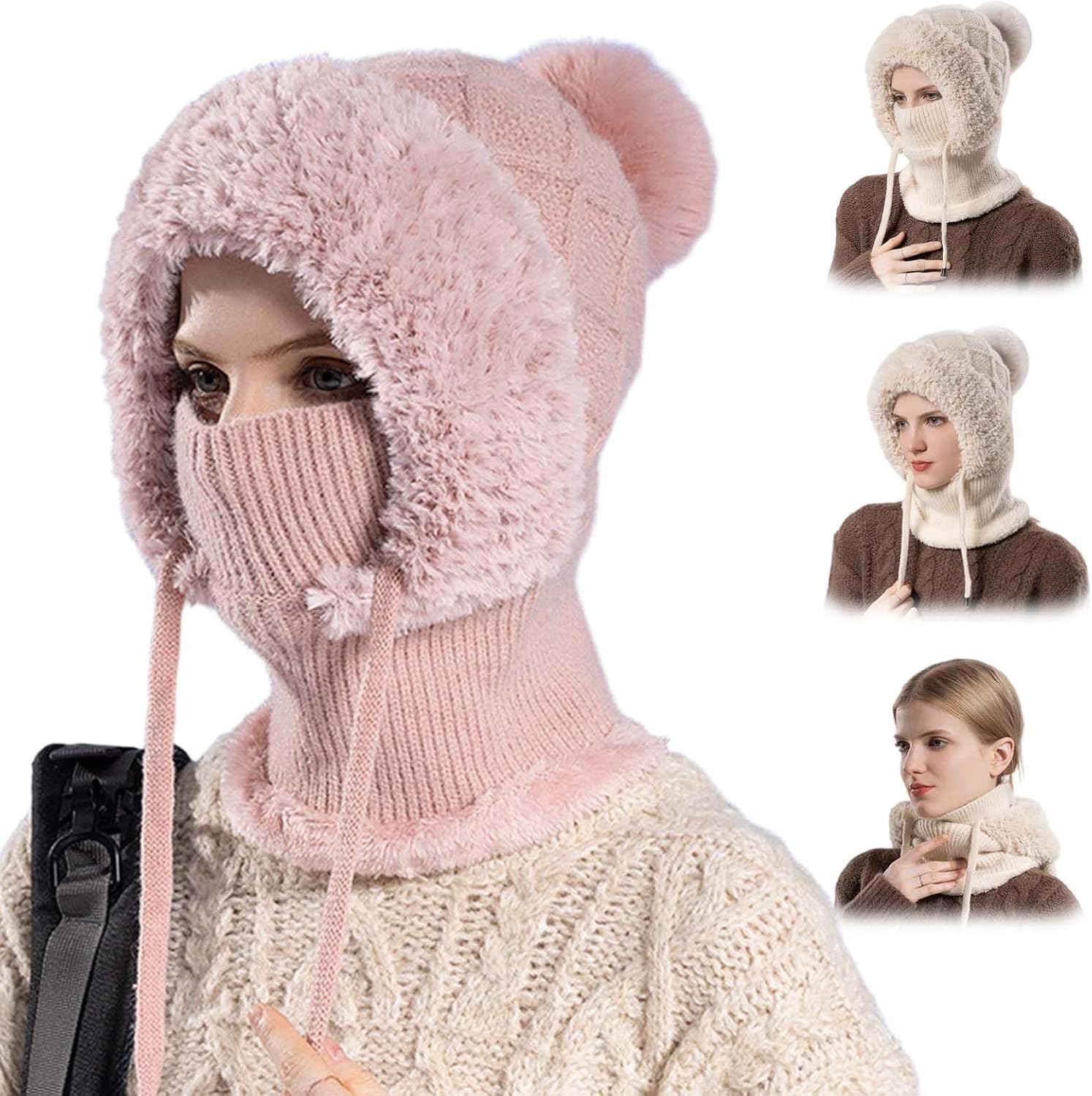 3 in 1 Beanie Hat with Scarf and Mask, Windproof Hooded Scarf Warm ...