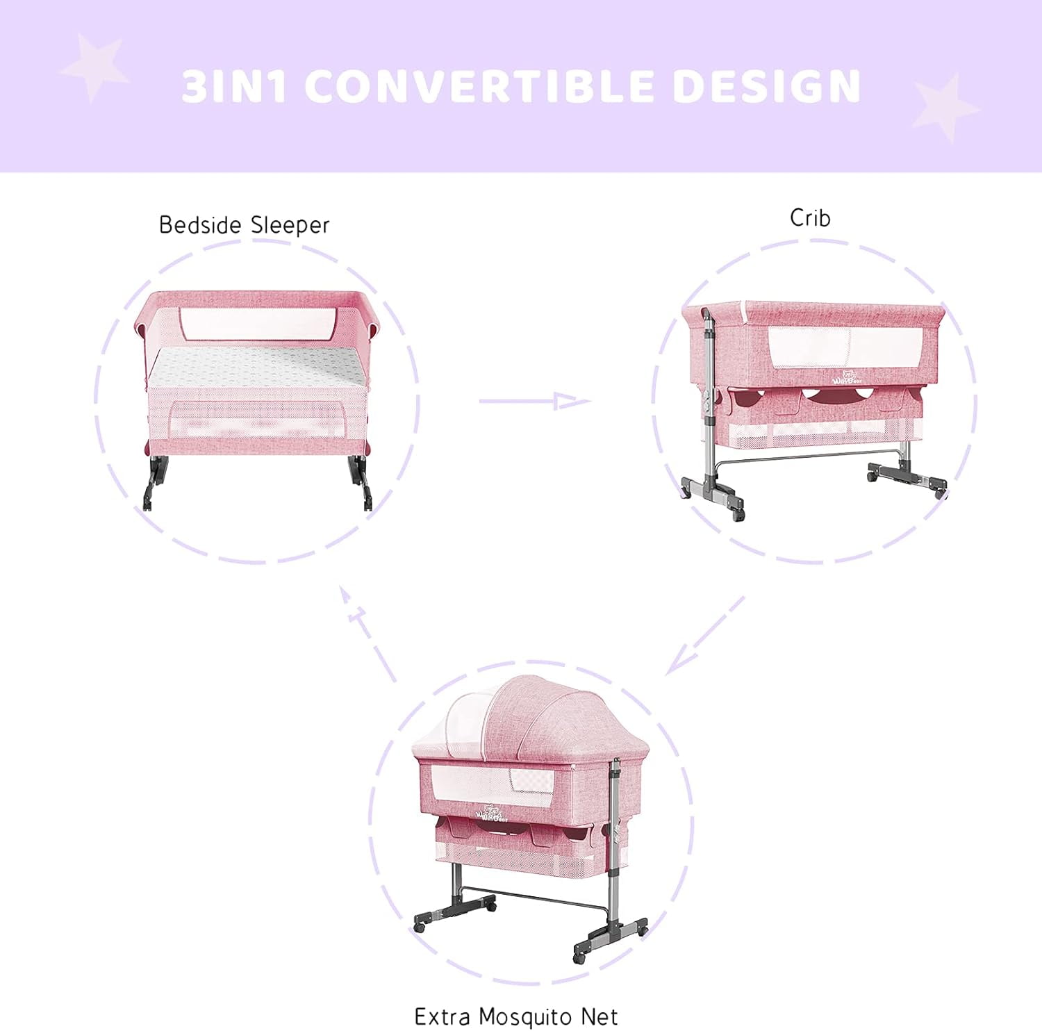 3-in-1 Bedside Crib with Mosquito Nets, Storage Bag, and Lockable ...