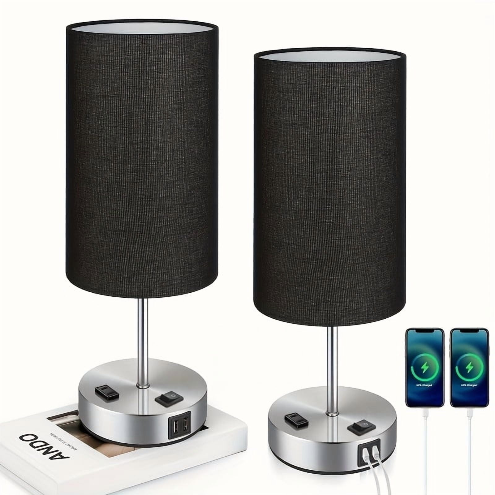 3 in 1 Bedside Lamp - USB-C Charging & AC Outlet, 3-Level Dimmable, LED Bulb Included, Wood Base ...