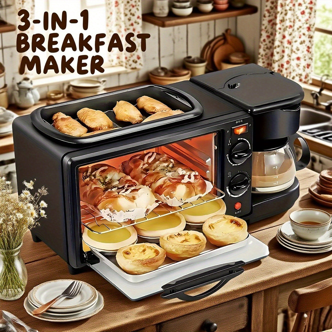 3-in-1 Breakfast Machine with Coffee Maker, Toaster, and Frying Pan ...