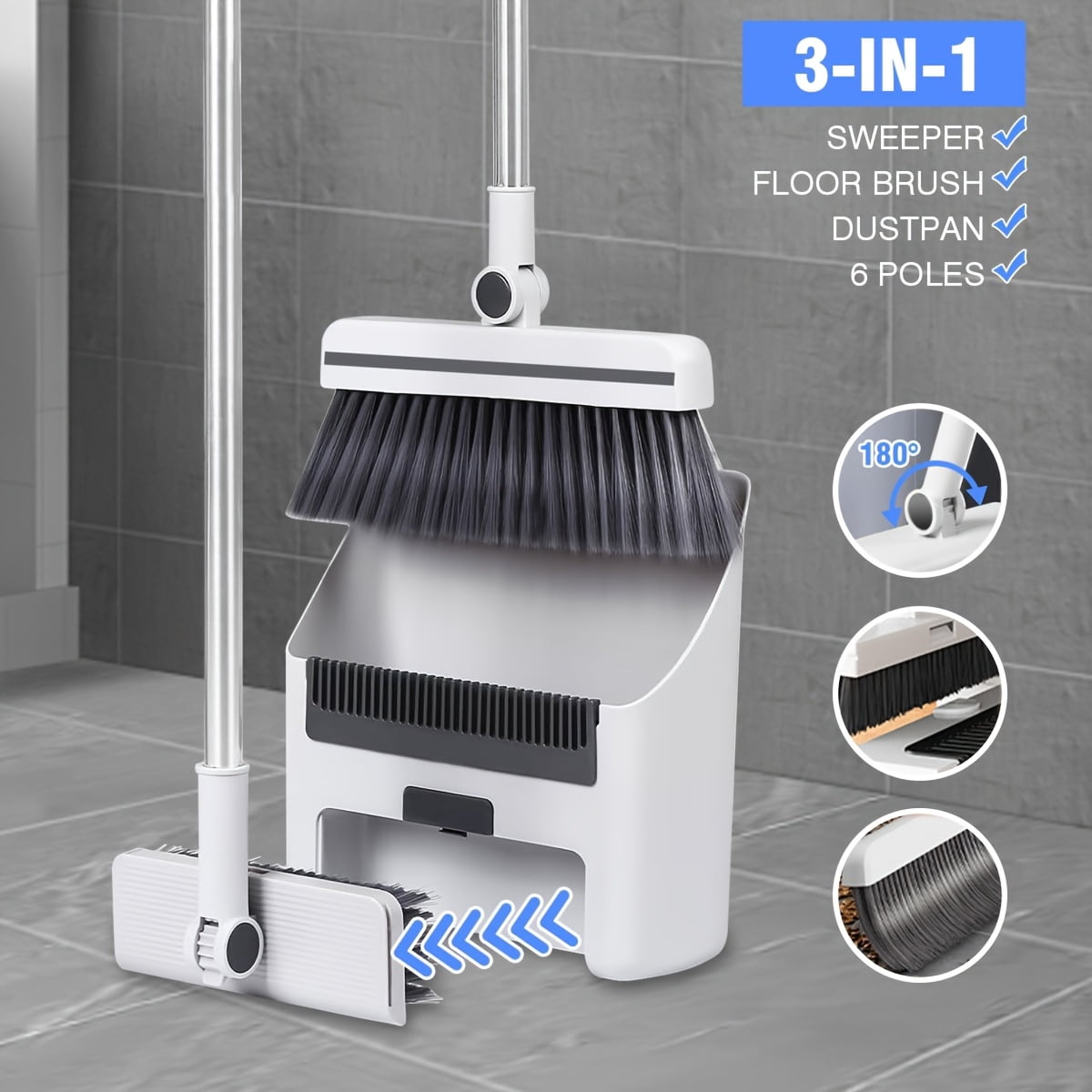 3-in-1 Broom & Dustpan Combo - Long Handle Boat/Home Cleaning Set - 6 ...