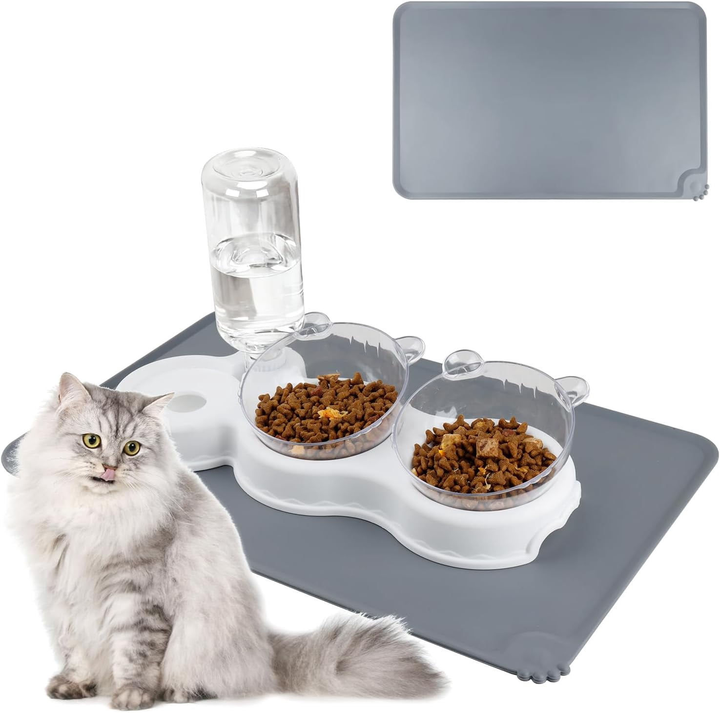 3-in-1 Cat Food and Water Bowl Set, Double Cat Bowls with Water ...