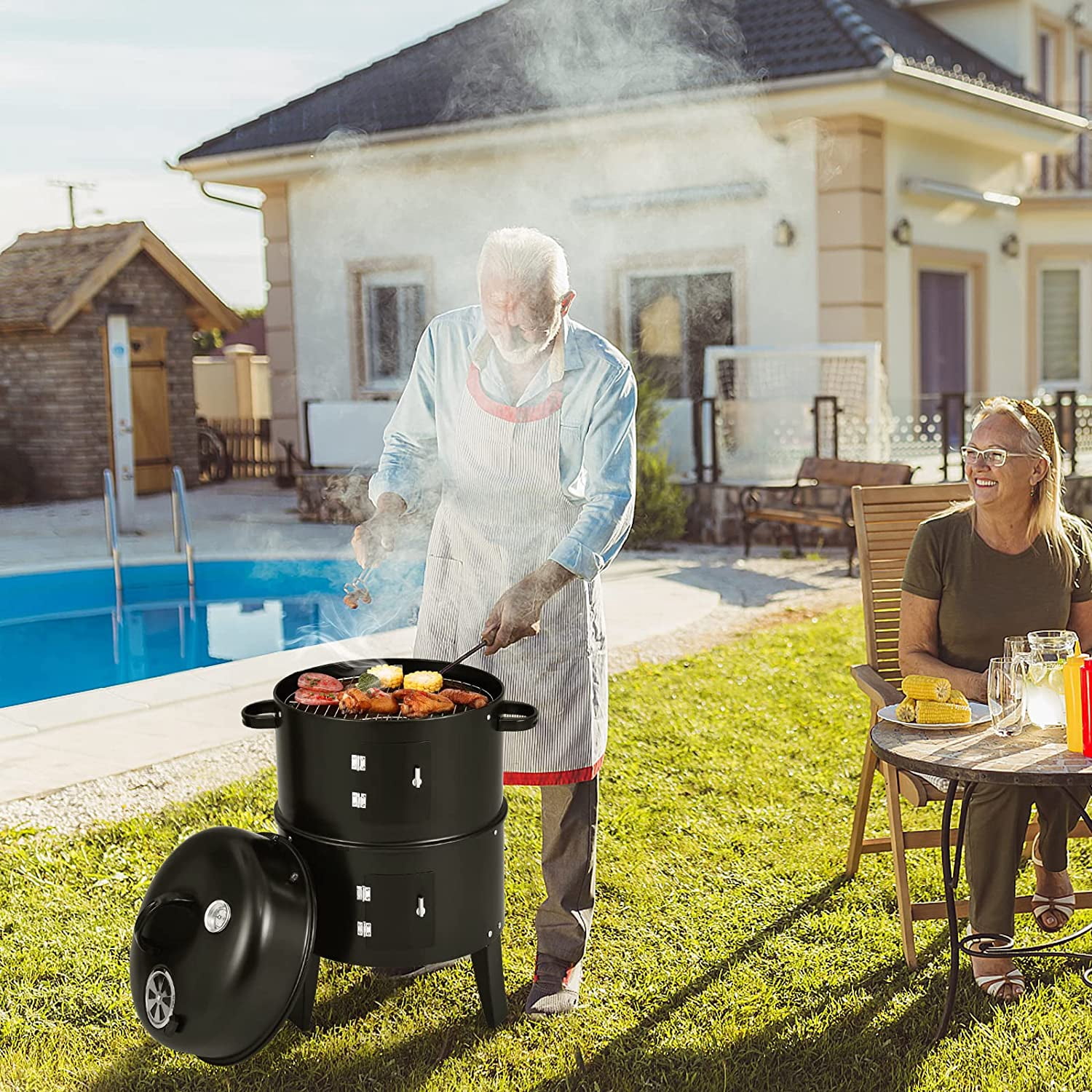 3-in-1 Charcoal Smoker Grill, Outdoor Vertical BBQ with Thermometer ...
