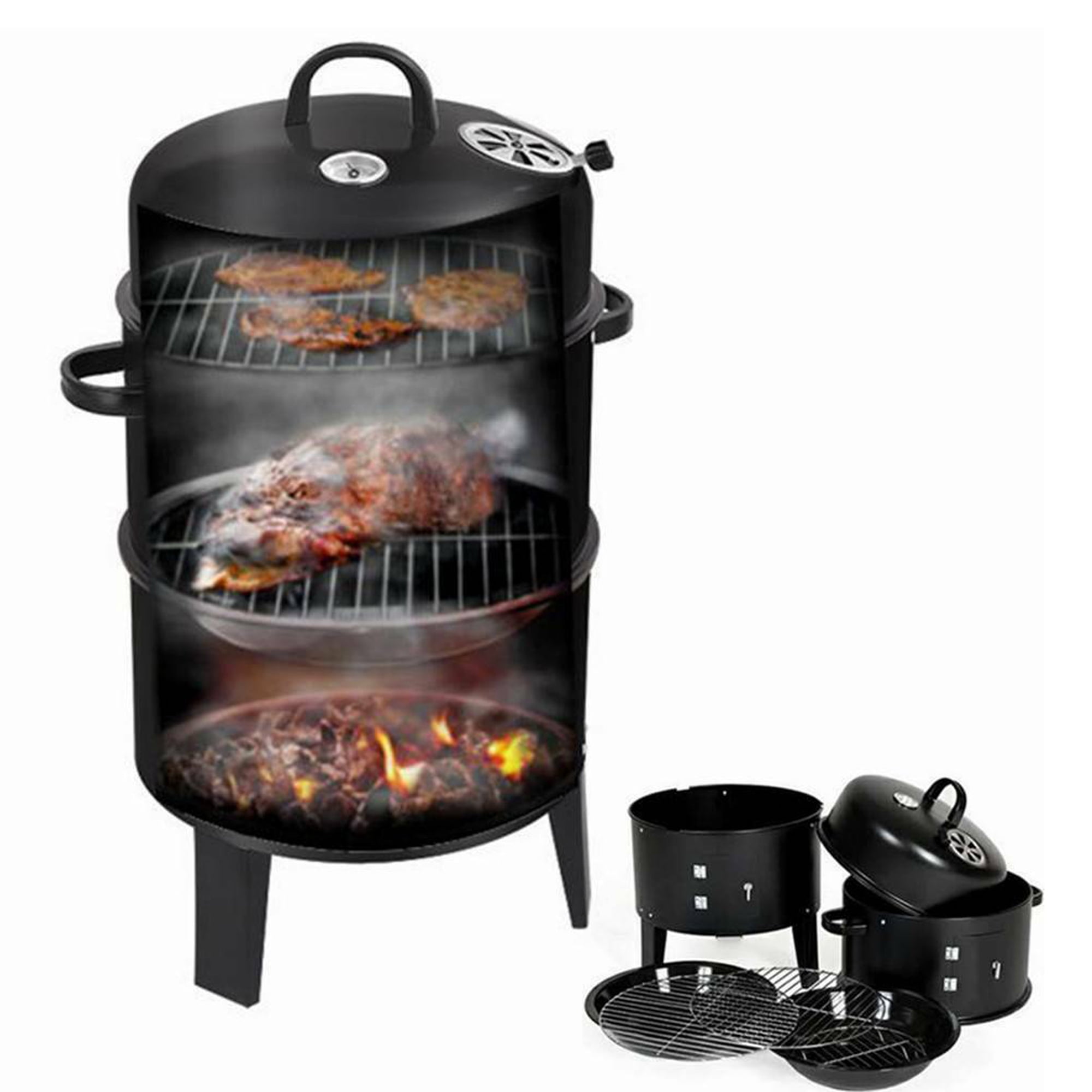3 in 1 Charcoal Vertical Smoker Grill BBQ Roaster Steel Barbecue Cooker ...