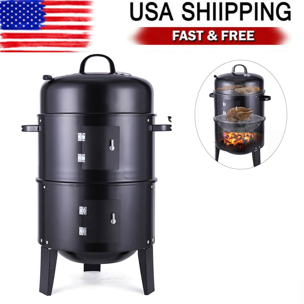 3 in 1 Charcoal Vertical Smoker Grill Steel Barbecue Cooker Round Grill ...