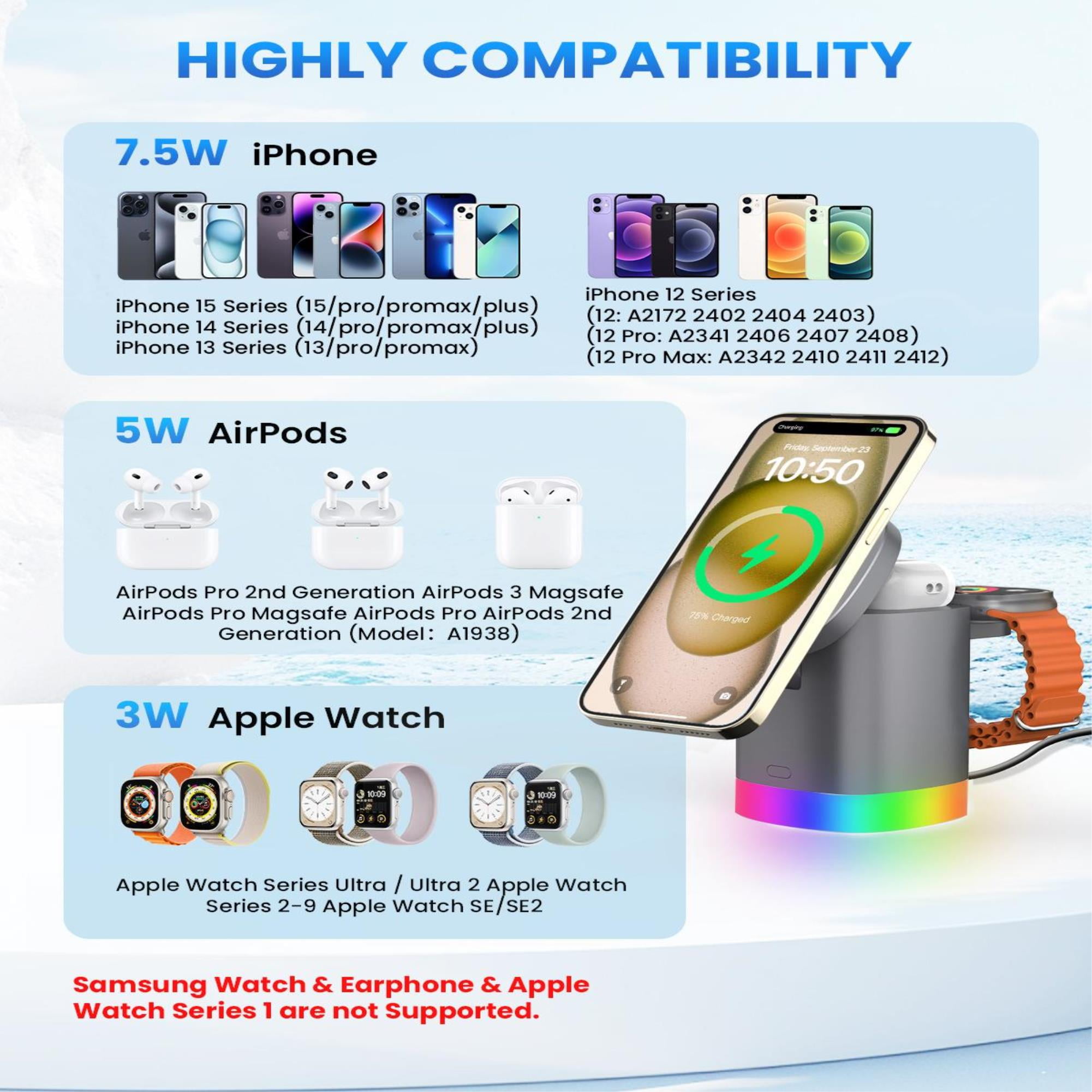 3-in-1 Charger Stand for: Foldable Wireless Charging Stand with Night ...