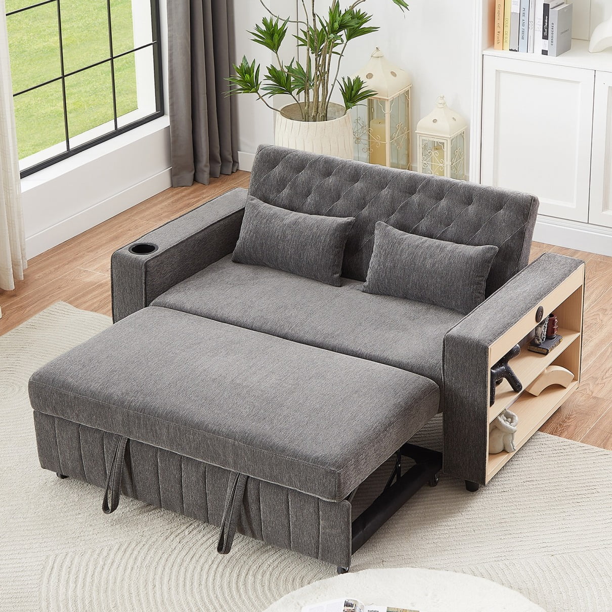 3-in-1 Chenille Sleeper Sofa Bed with USB Ports and Cup Holders, 61 ...