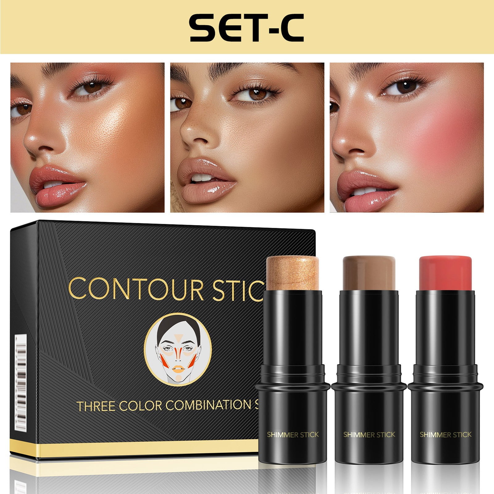 3-in-1 Contour Stick Set - Highlight, Shadow & Blush Pen with Sponge ...