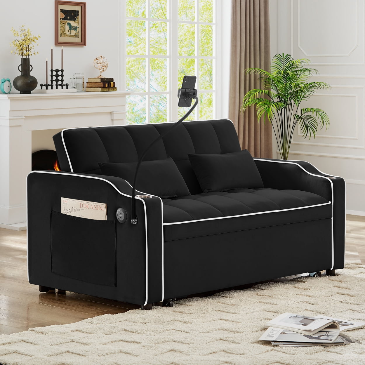 3-in-1 Convertible Double Seat Recliner with Swivel Phone Stand, Pull ...