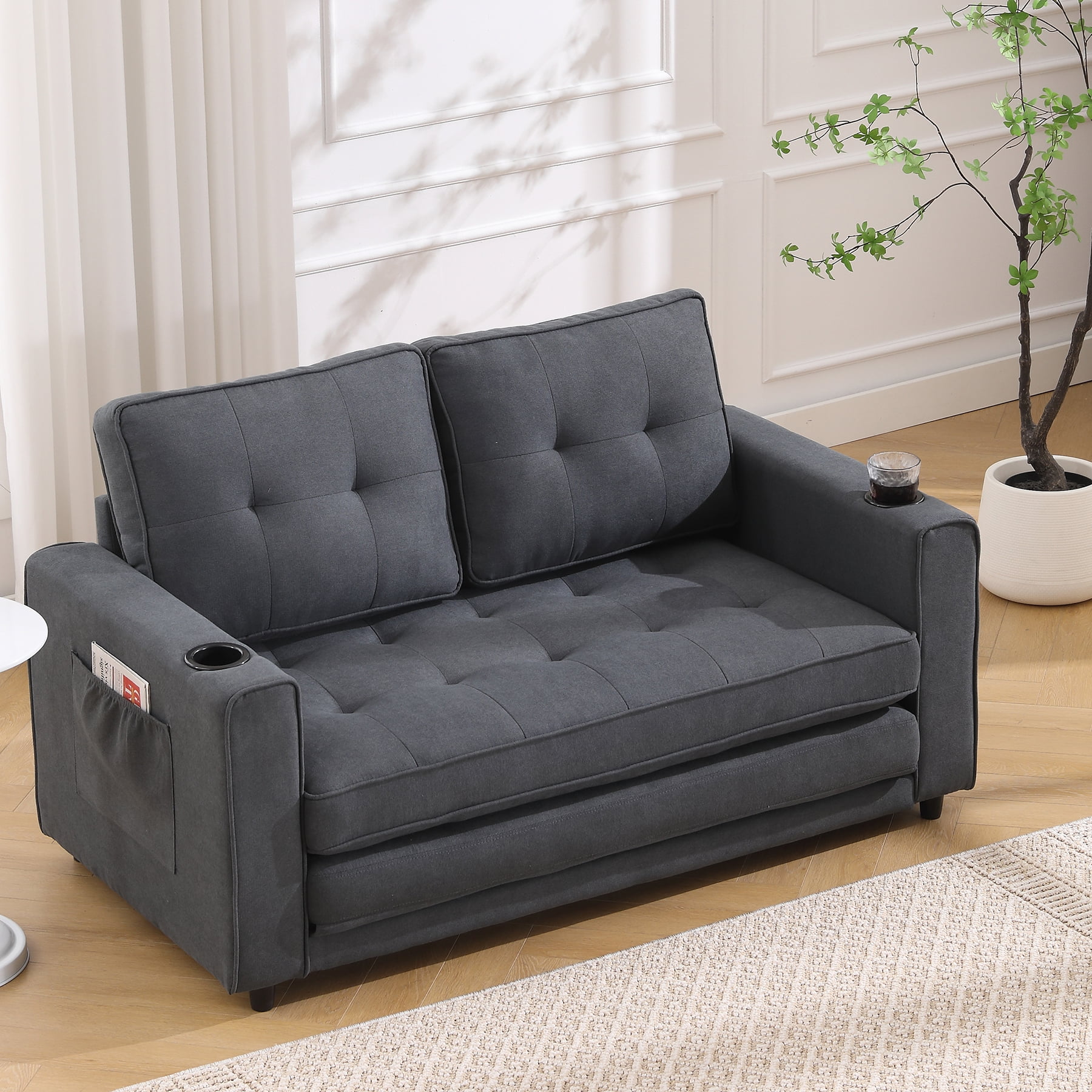 3-in-1 Convertible Futon Sofa Bed - Tufted Upholstered Loveseat with Foldable Sleeper & Side ...
