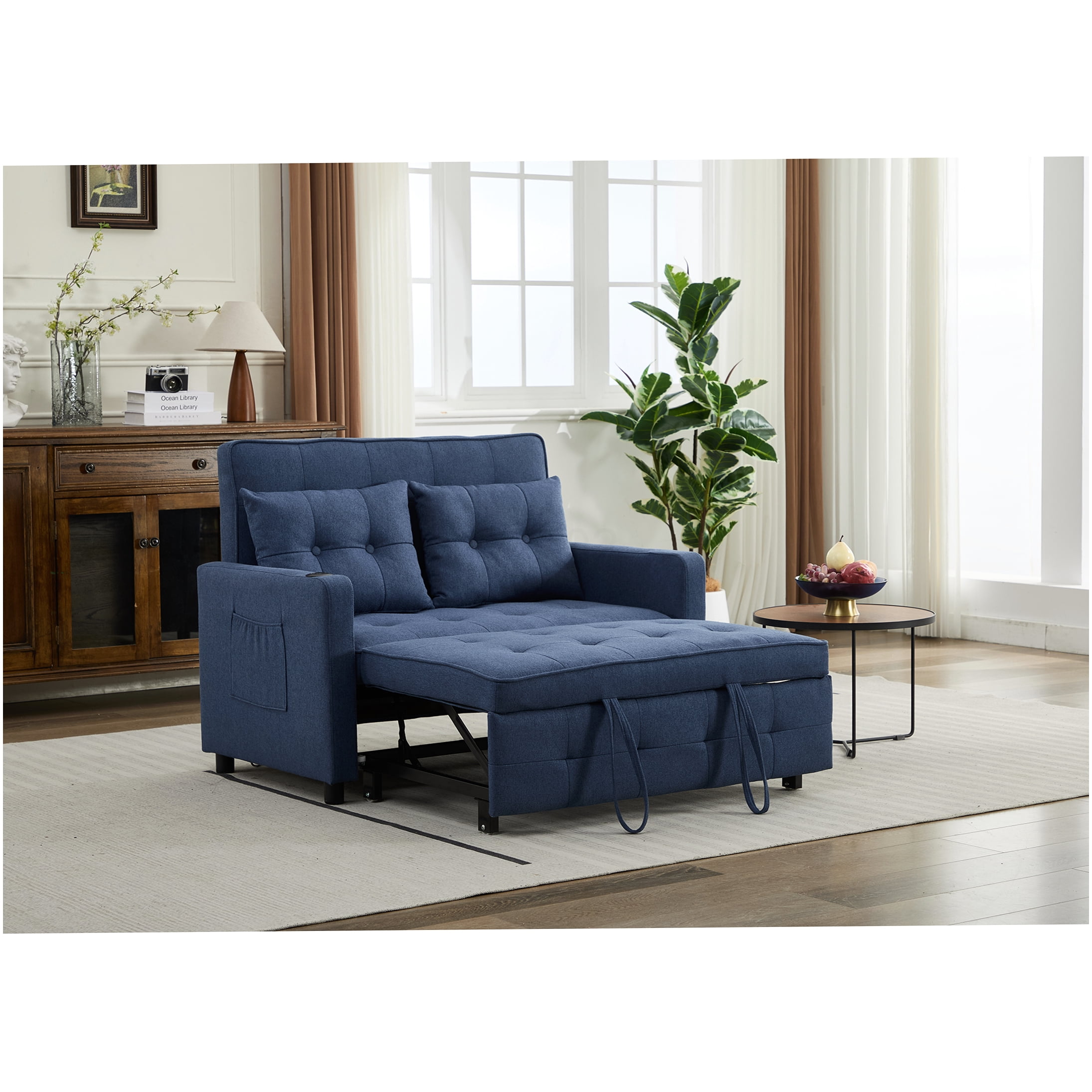 3-in-1 Convertible Sleeper Chair Bed with USB Charging, Blue Linen ...