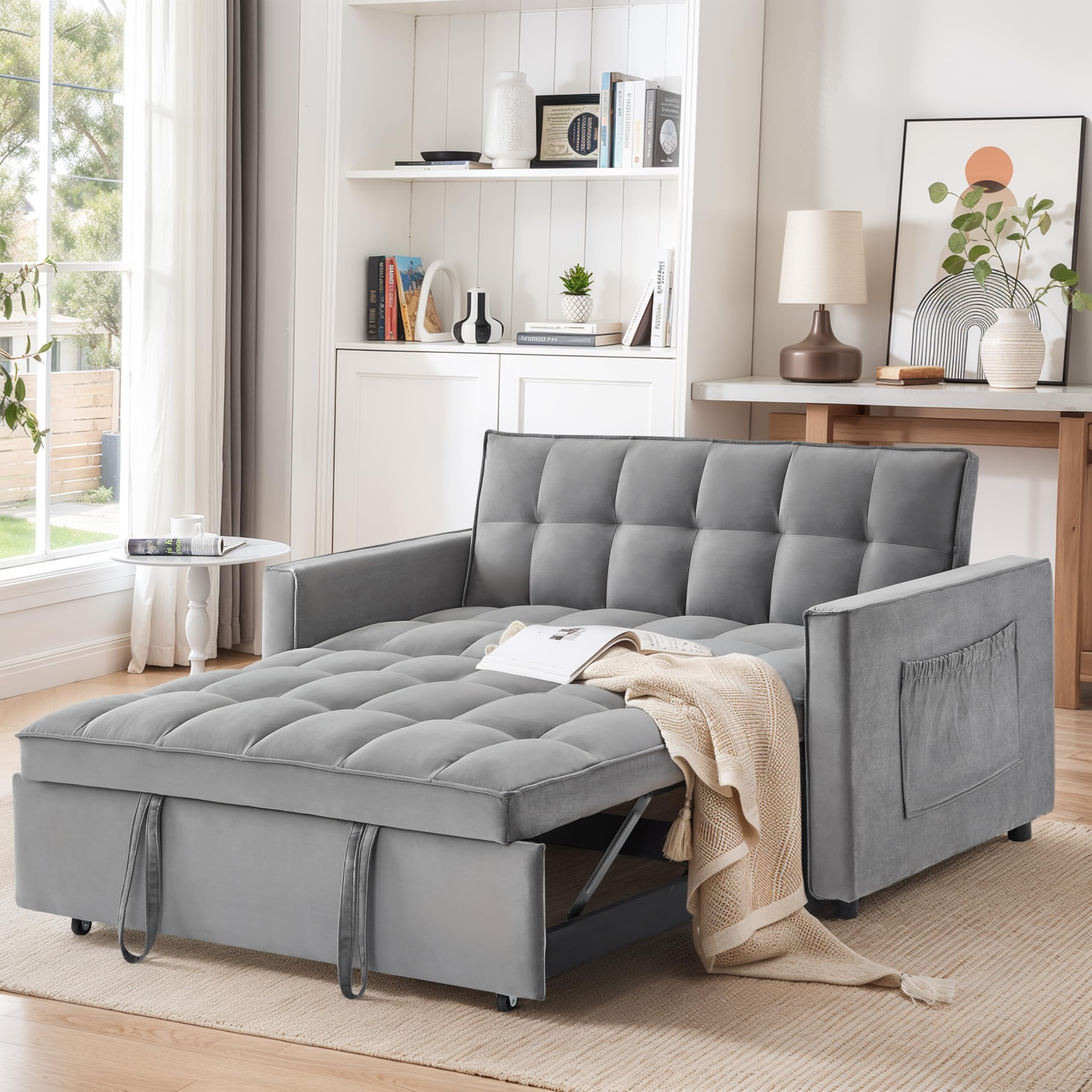3 in 1 Convertible Sleeper Sofa Bed, Modern Velvet Futon Couch Pullout ...