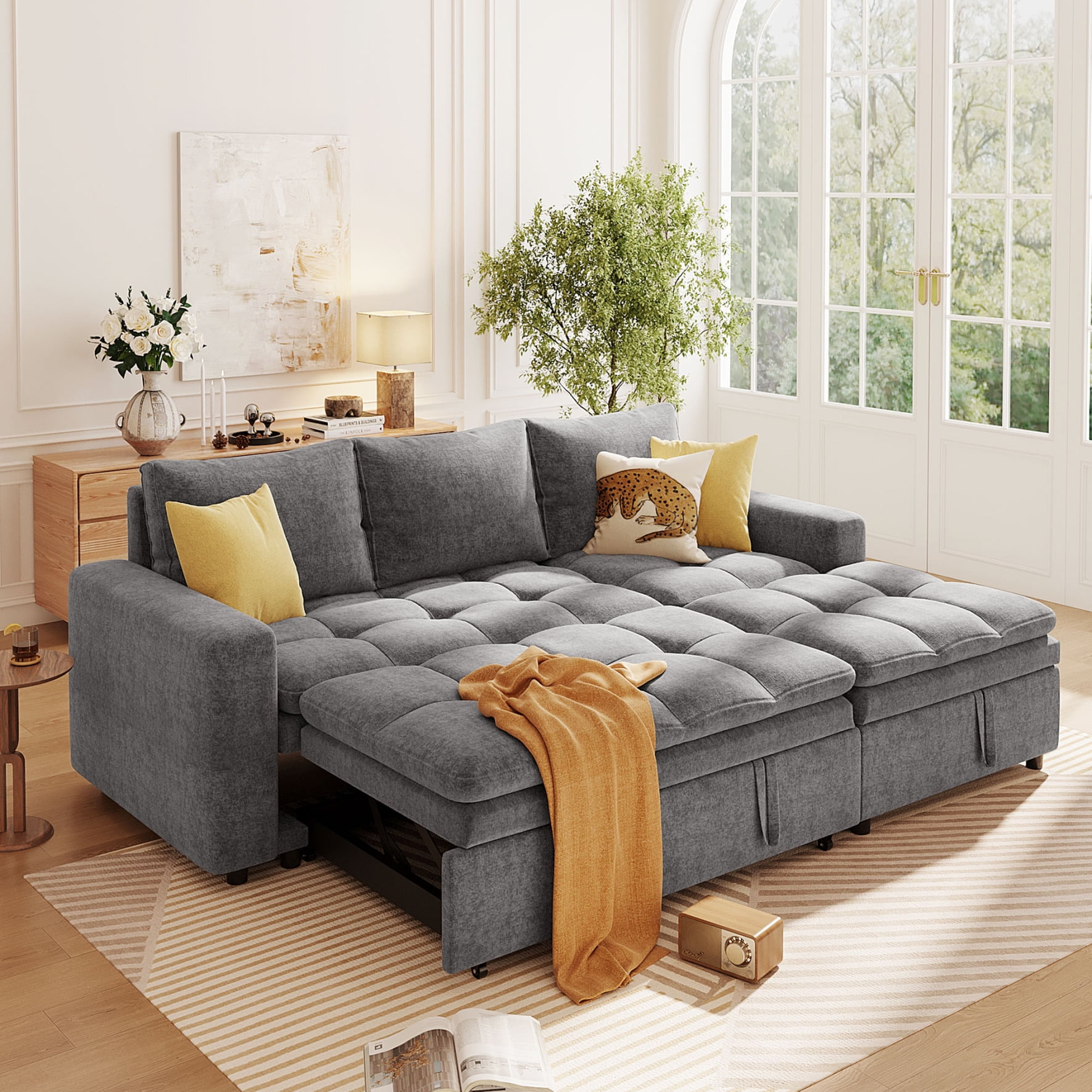 3 in 1 Convertible Sleeper Sofa, Upholstered Sectional Sofa Bed with ...