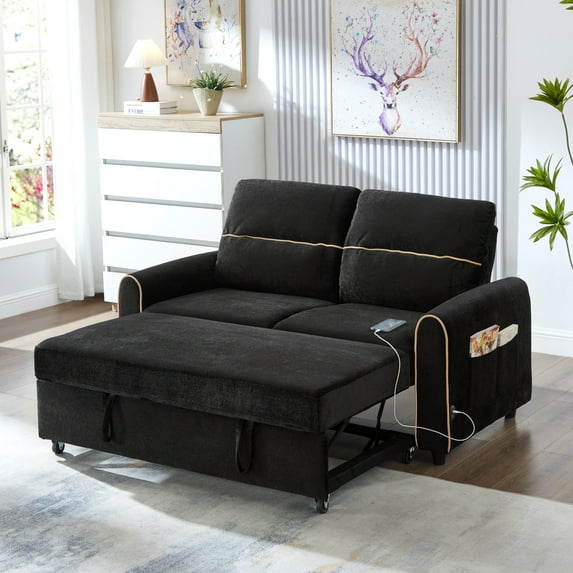 3-in-1 Convertible Sofa Bed, 58" Loveseat Pull-Out Couch with Charging ...