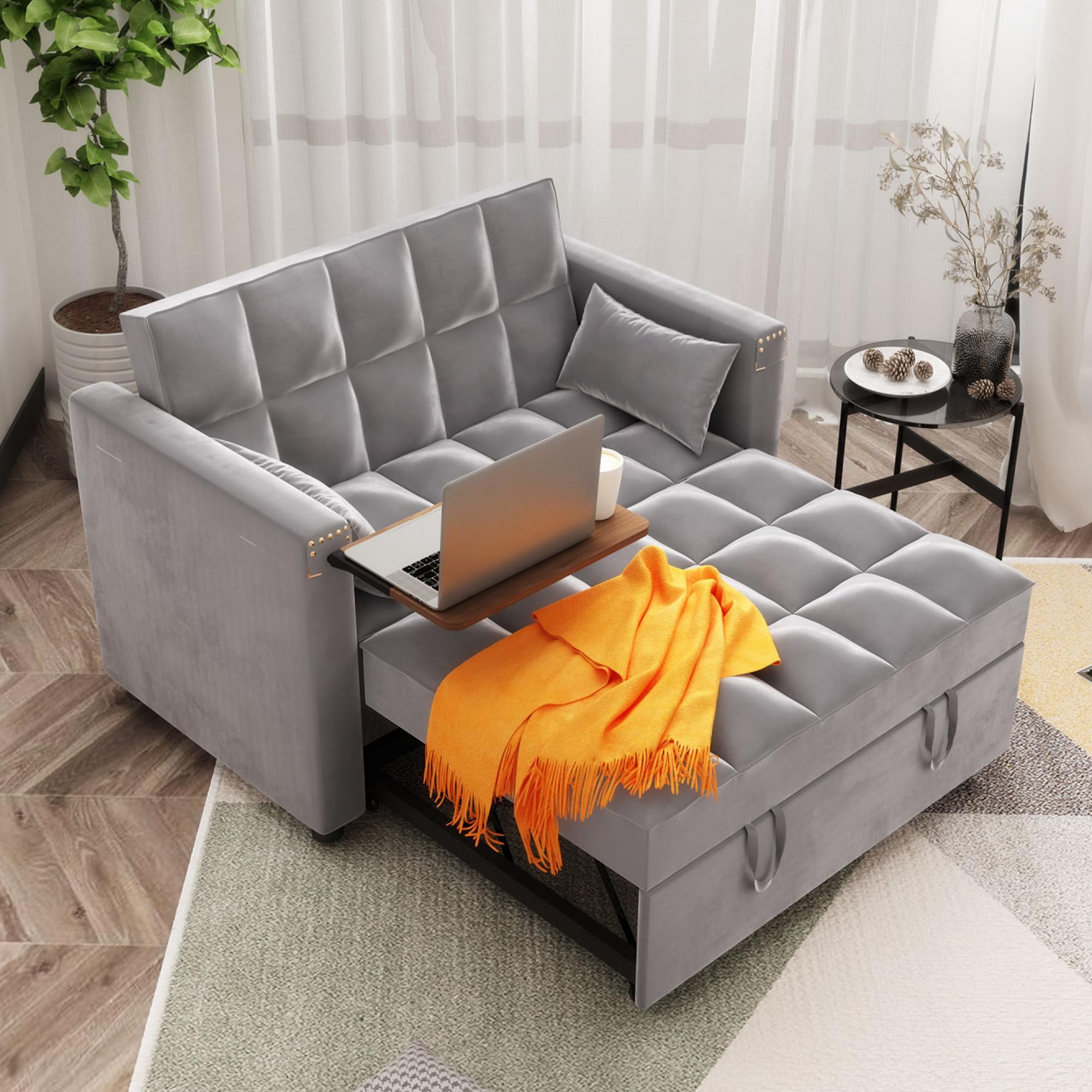3-in-1 Convertible Sofa Bed, Multi-Functional Velvet Sleeper Couch with ...
