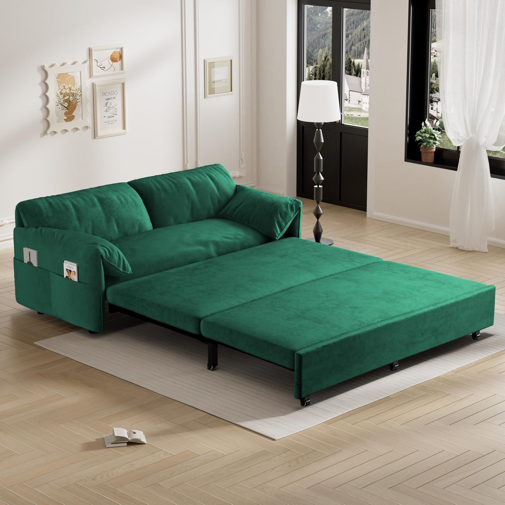 3-in-1 Convertible Sofa Bed Queen Size Sleeper, Velvet Pullout Couch ...