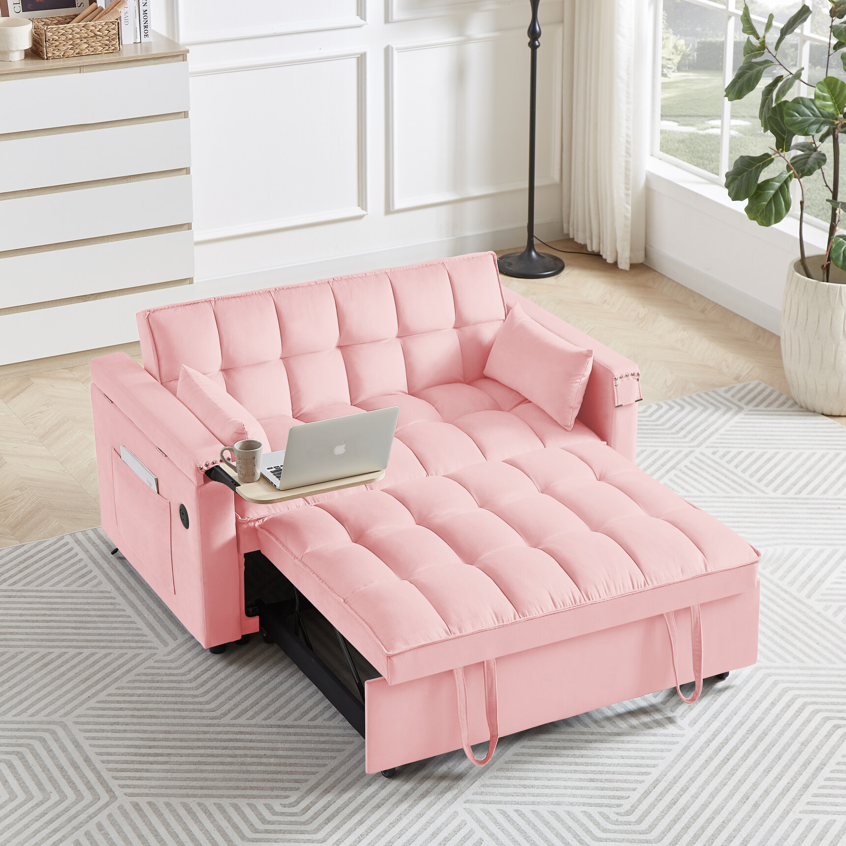 Convertible Sofa Bed, 3-in-1 Velvet Pull Out Couch with Adjustable Back ...