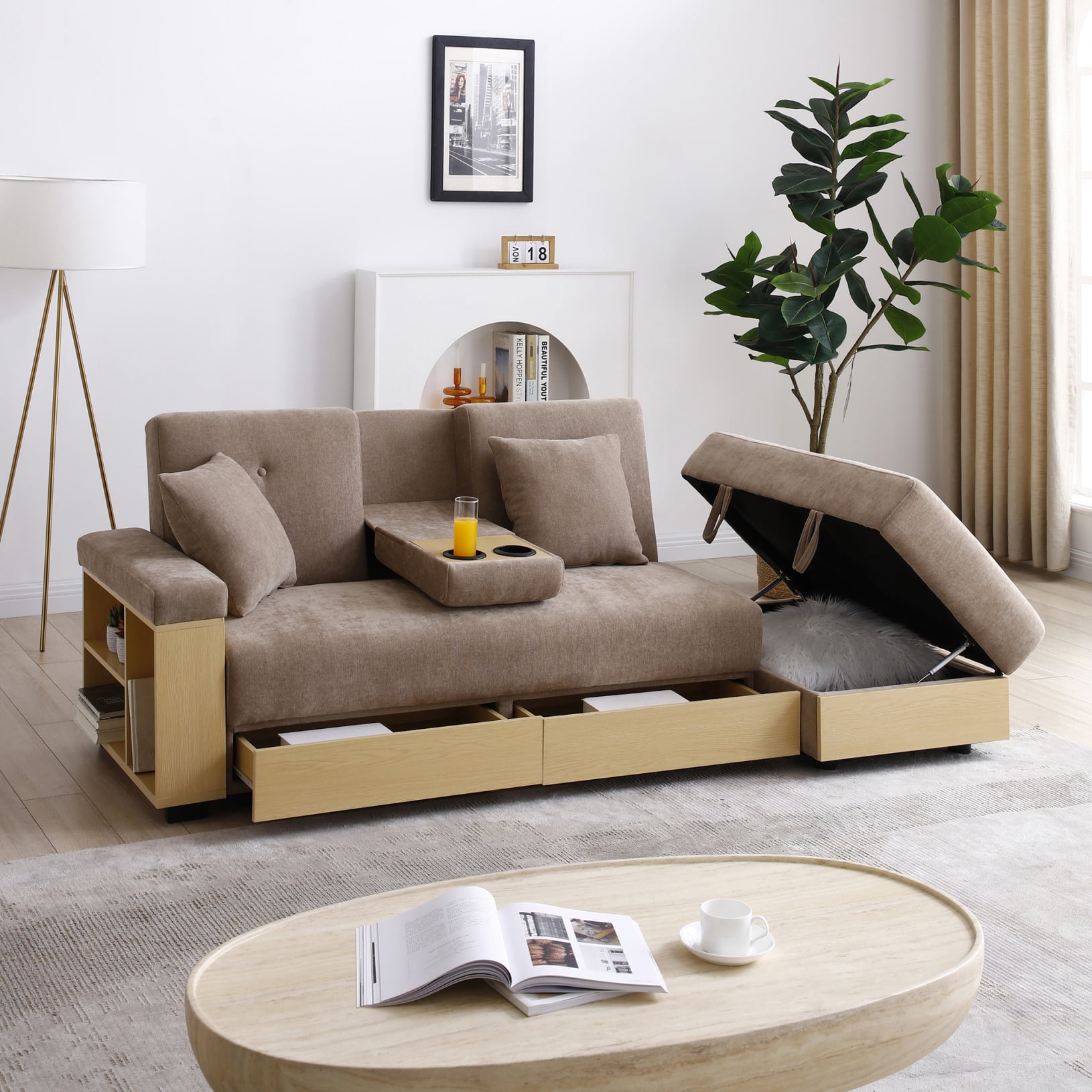 3-in-1 Convertible Sofa Bed with Storage Ottoman and 2 Bottom Drawers ...