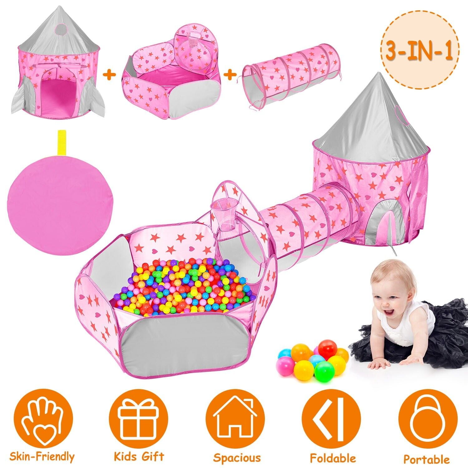 3 in 1 Crawl House Tunnel Kid Indoor Outdoor Toddler Play Tent Ball Pit ...