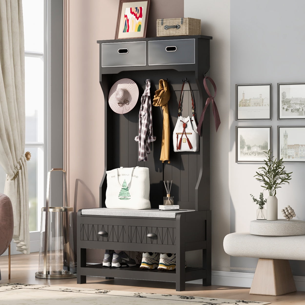 3-in-1 Design Hall Tree, 69" Hall Tree with 6 Hooks and Hinged Lid ...