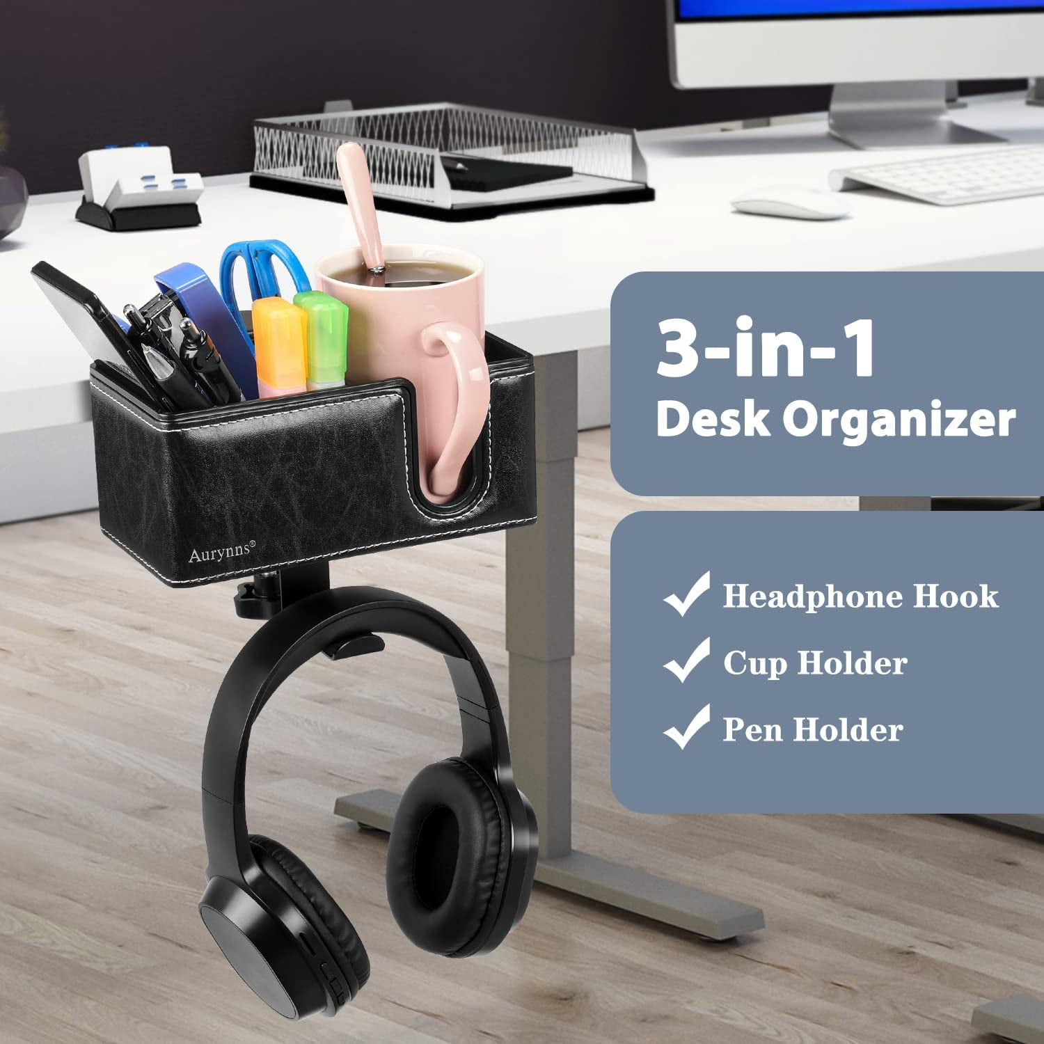 3-in-1 Desk Cup Holder Clip on Pen Holder Headphone Hanger Headset ...