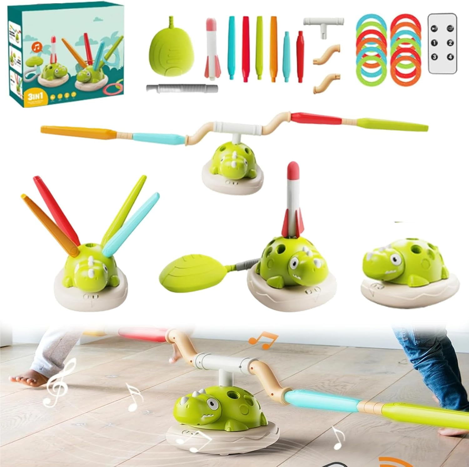 3-in-1 Dinosaur Rocket Launcher, Dinosaur Jumping Toy with Ring Toss ...