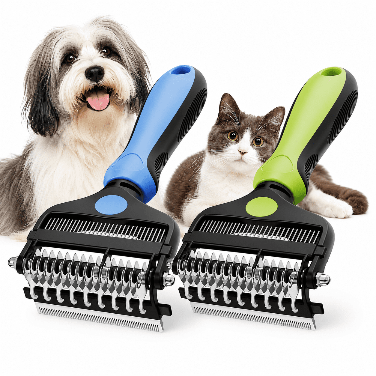 3-in-1 Dog & Cat Grooming Brush Set, Blue & Green – Dematting Comb ...