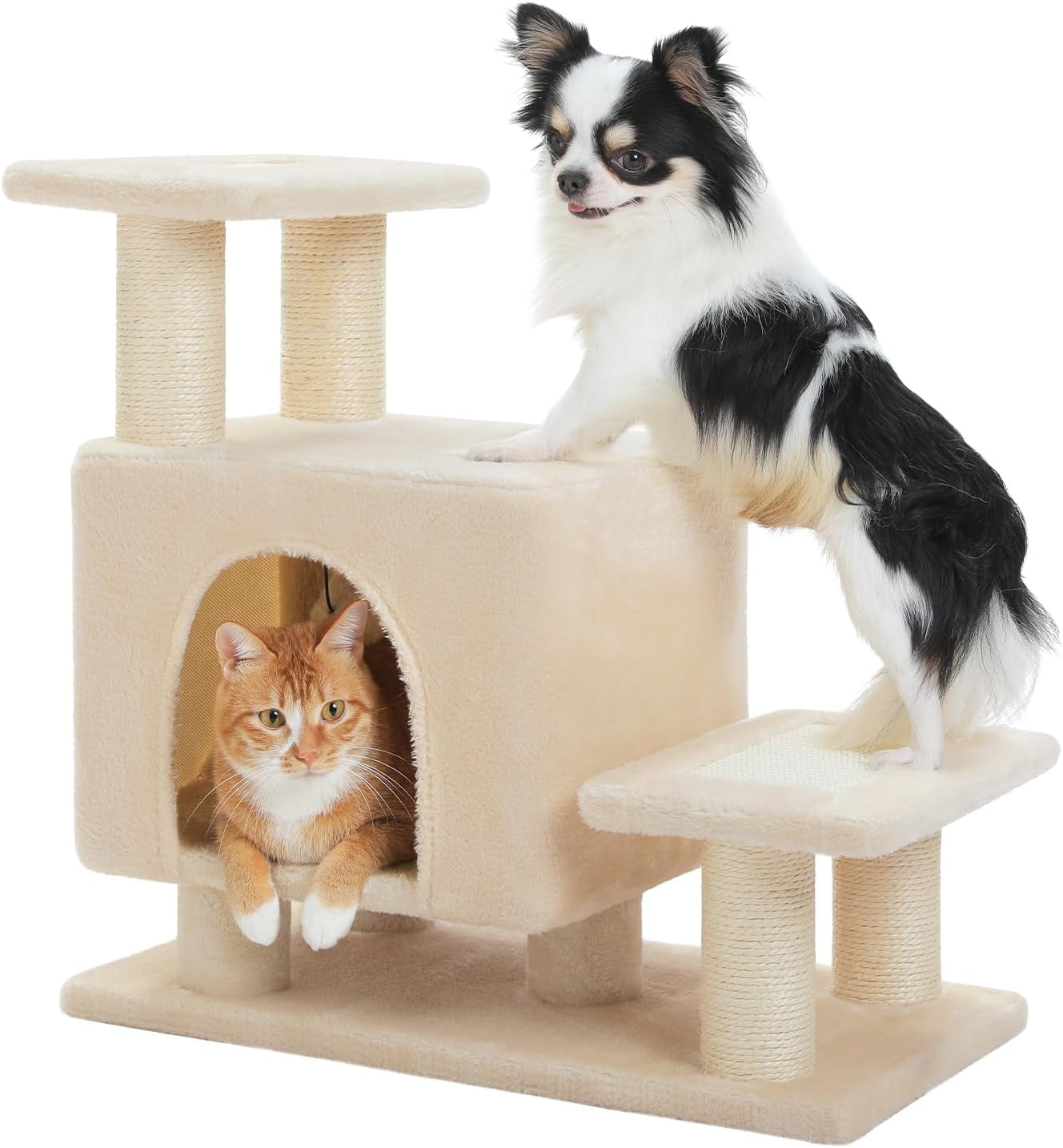 3-in-1 Dog Stairs & Cat Scratching Post with Condo, Pet Steps for High ...